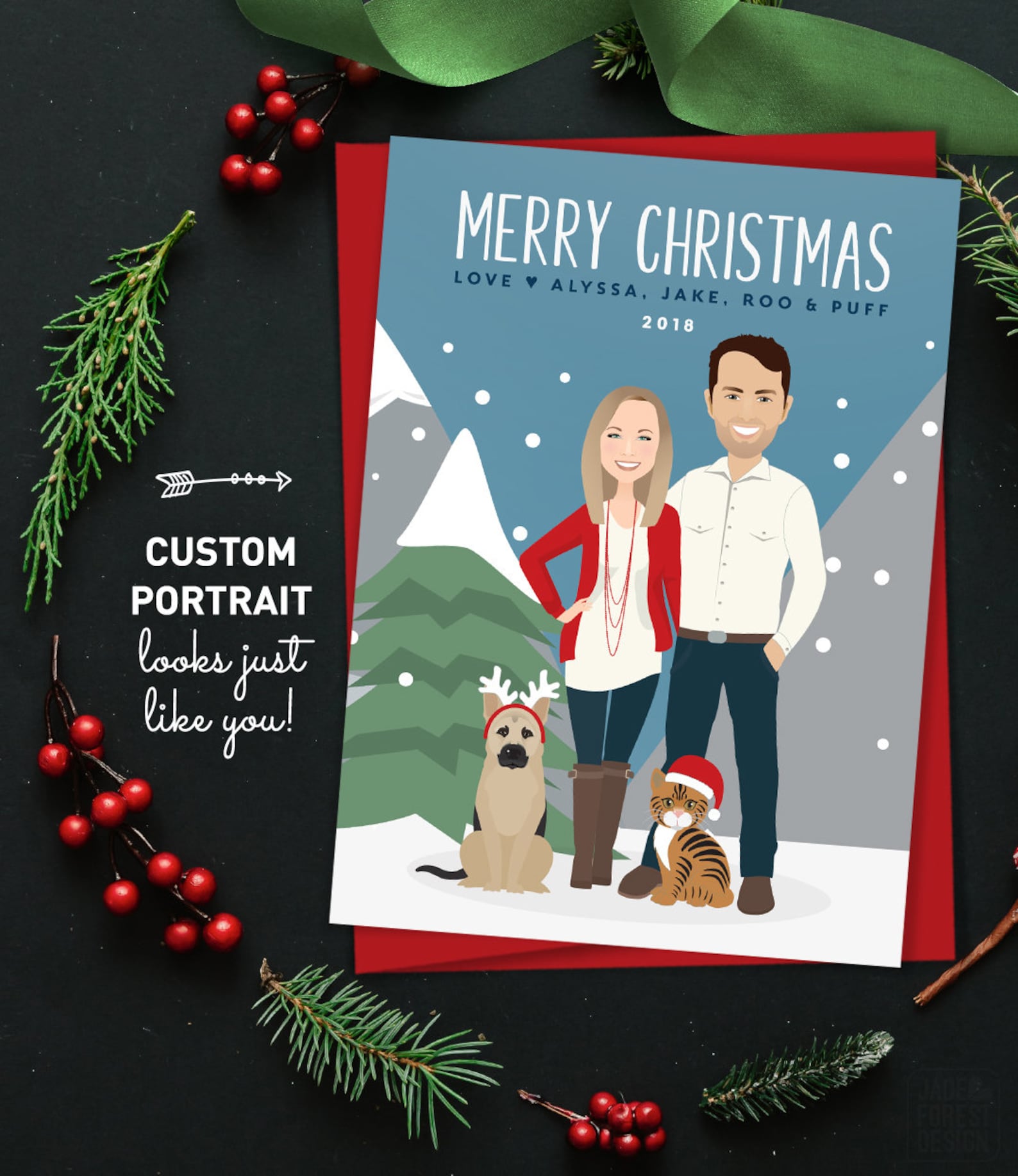 Pet Christmas Card Custom Cartoon Couple With Dog - Etsy
