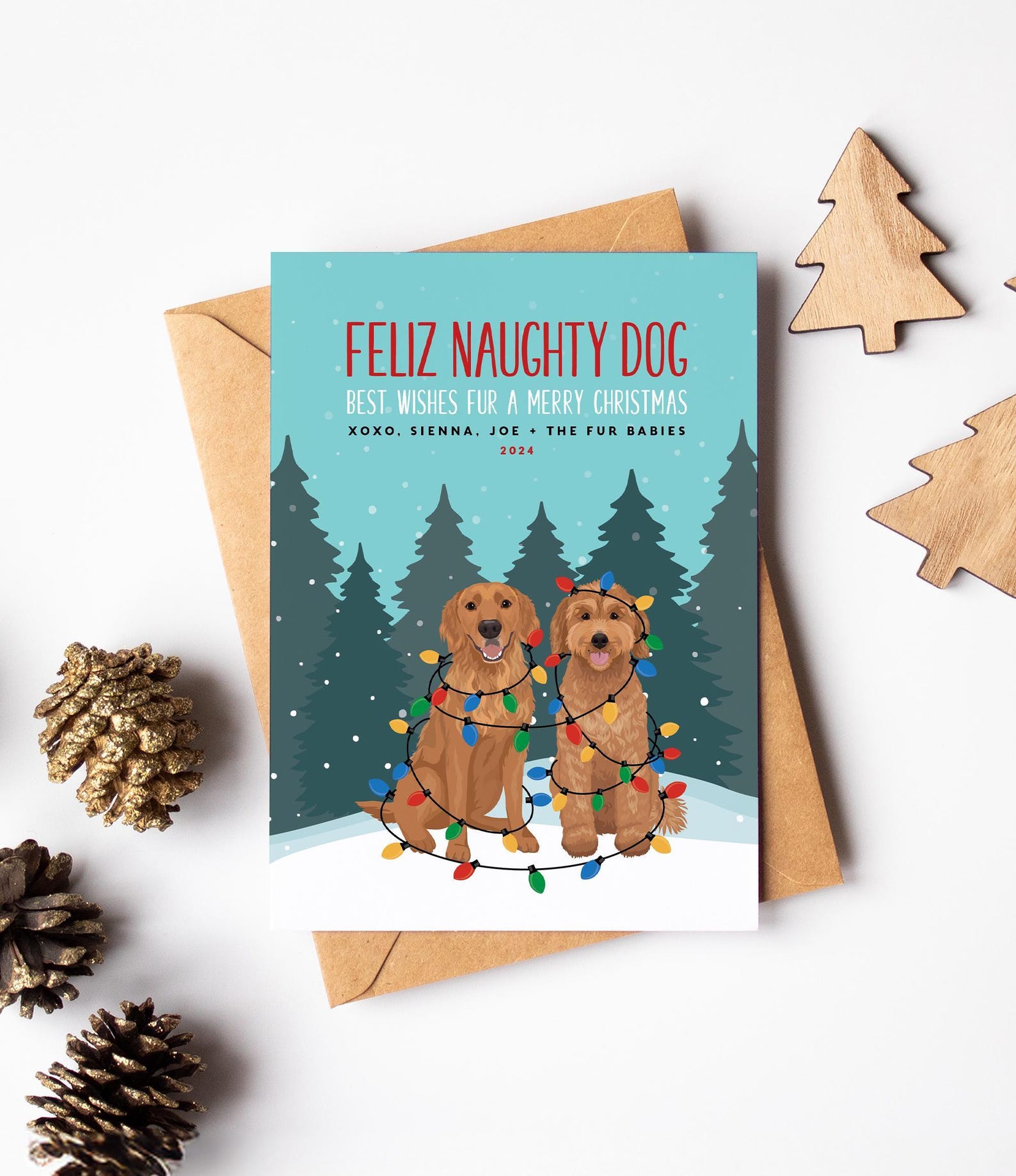Family Dog Christmas Card: Custom Pet Portrait With Holiday Lights - Etsy