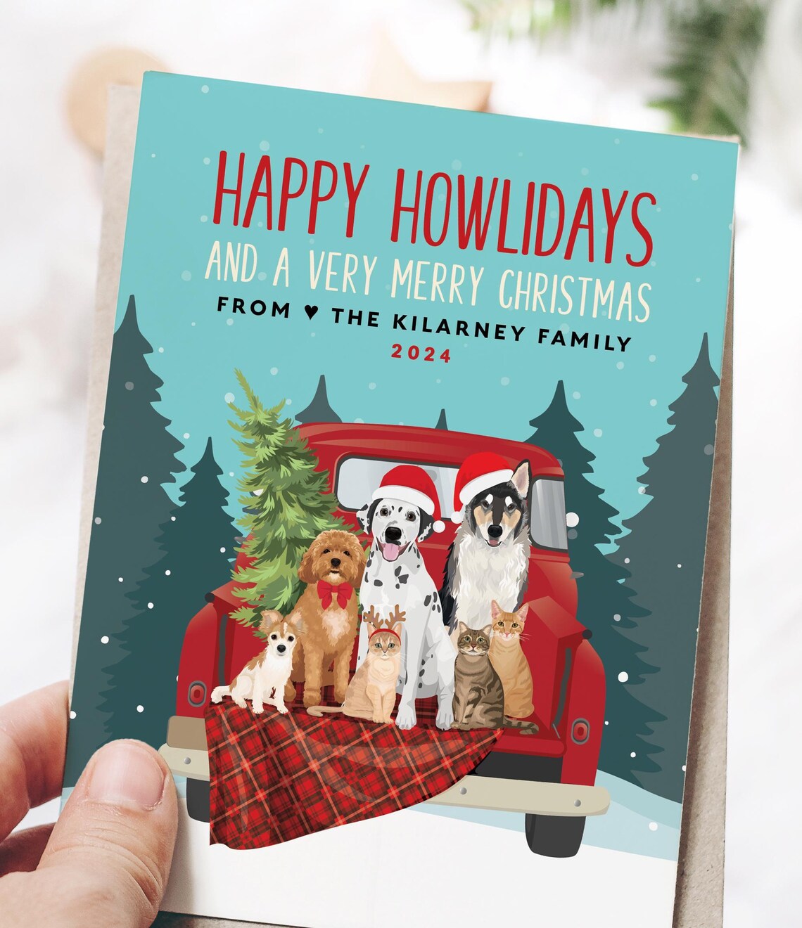 Family Dog Christmas Card: Custom Pet Portrait With Holiday Lights - Etsy