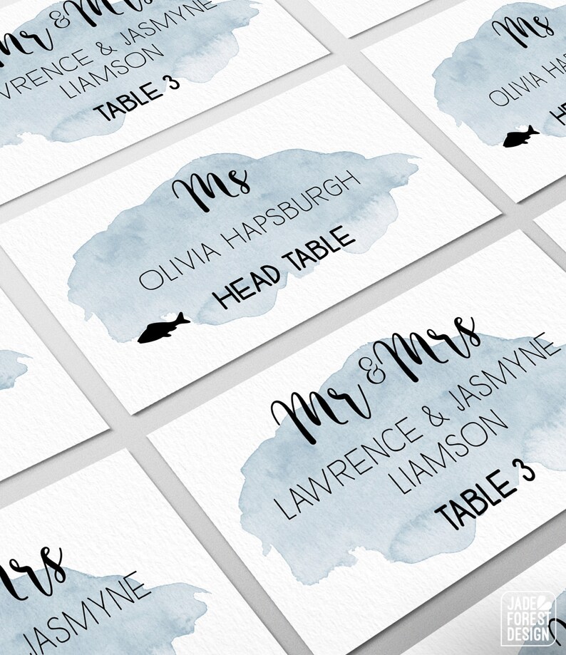 Dusty Blue Place Cards, Blue Watercolor Wedding Seating Cards ...