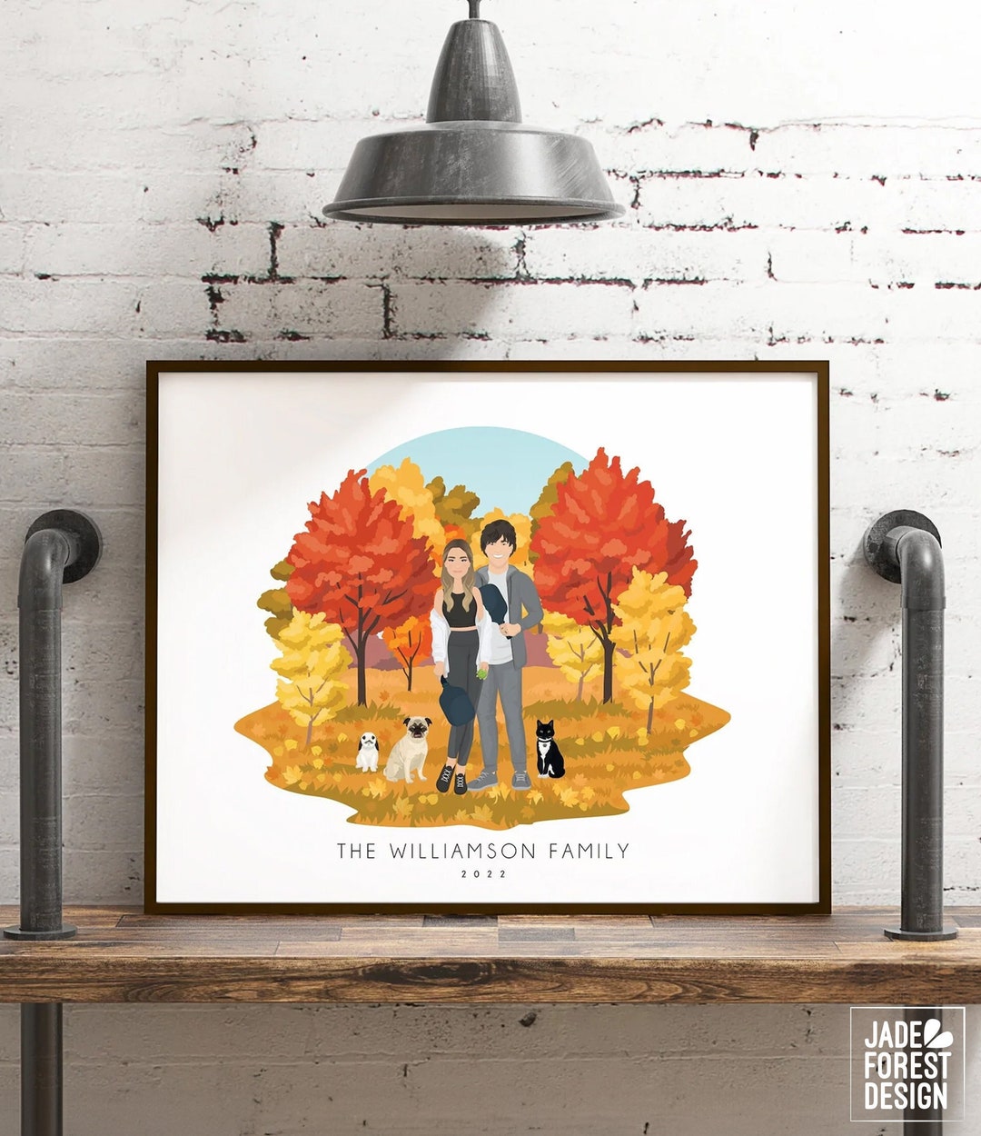 Dog Mom Cartoon Portrait, Fall Family Scene, Pets Included (custom) - Etsy