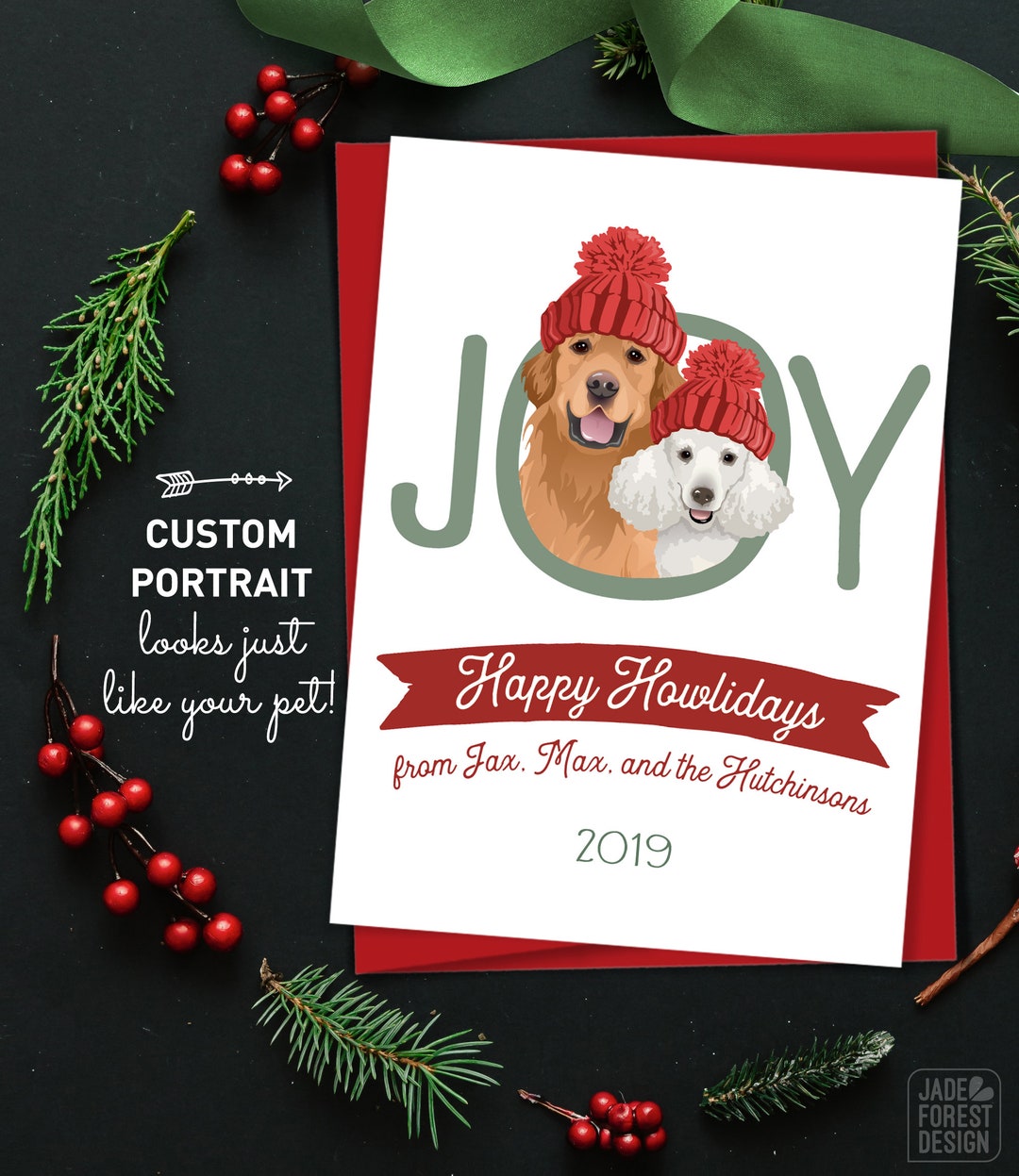 Personalized Dog Holiday Card - Custom Two Dogs Christmas Portrait - Etsy