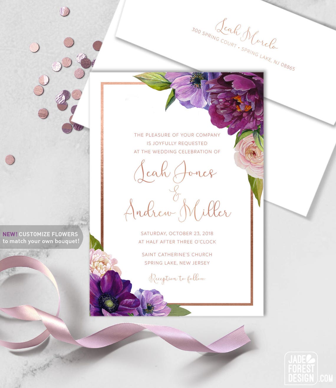 Purple Wedding Invitation Set / Purple Flowers, Anemone, Peony ...