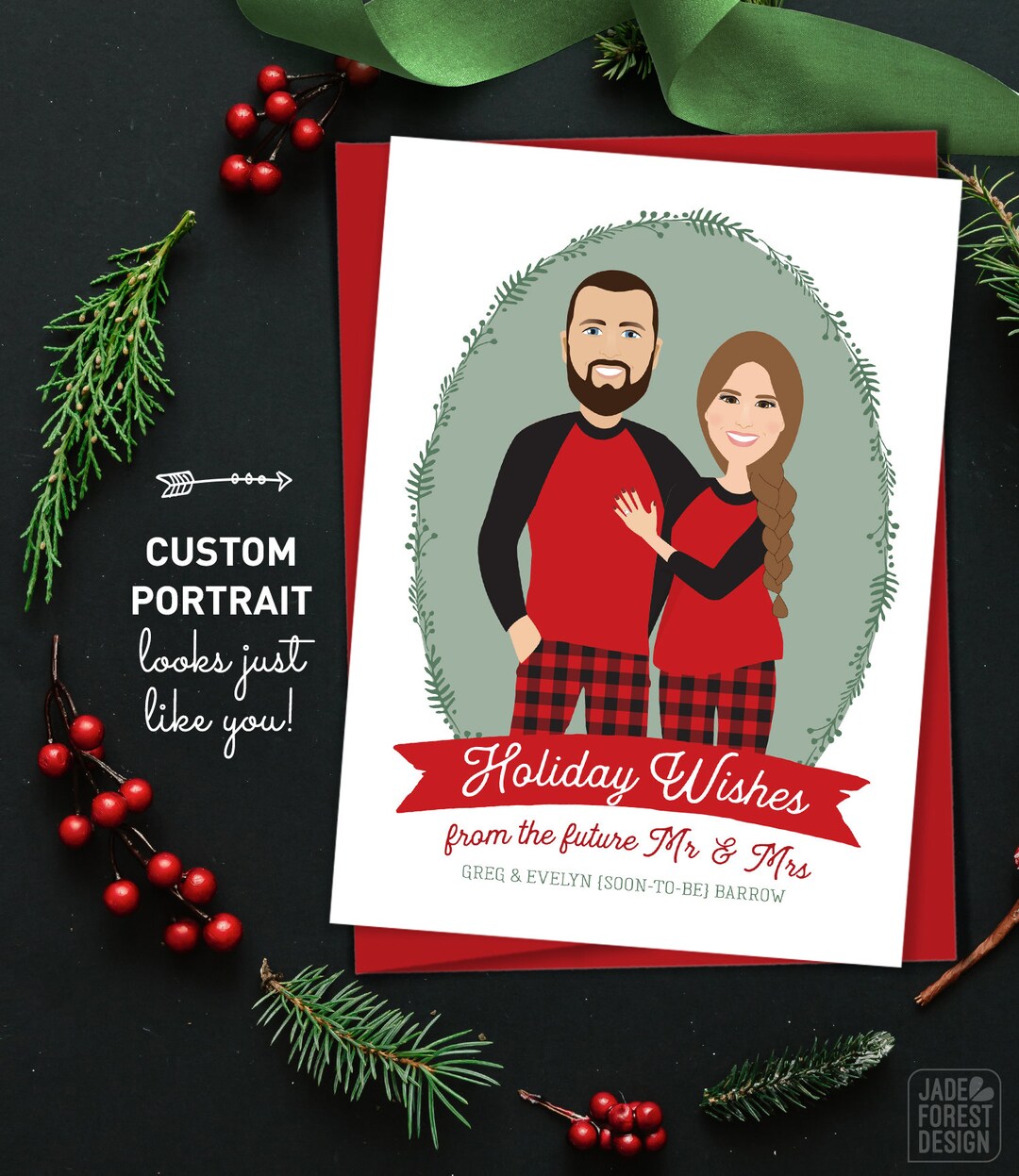 Christmas Engagement Announcement Card Custom Family Portrait - Etsy