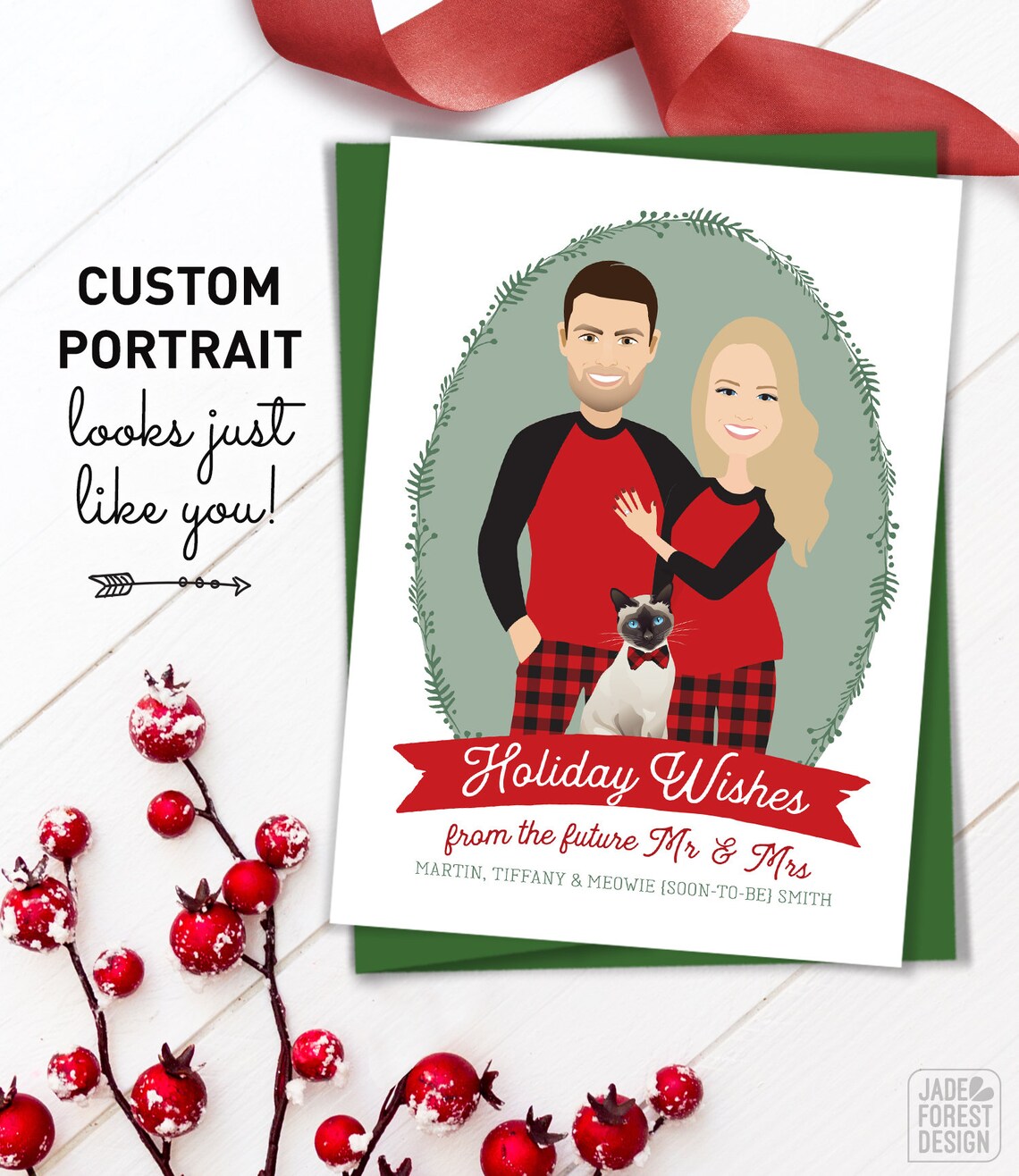 Christmas Engagement Announcement Card Custom Family Portrait - Etsy