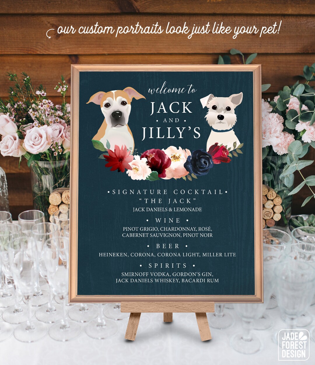 Custom Pet Portrait Bar Sign, Dog Portrait Wedding Bar Sign, Burgundy ...