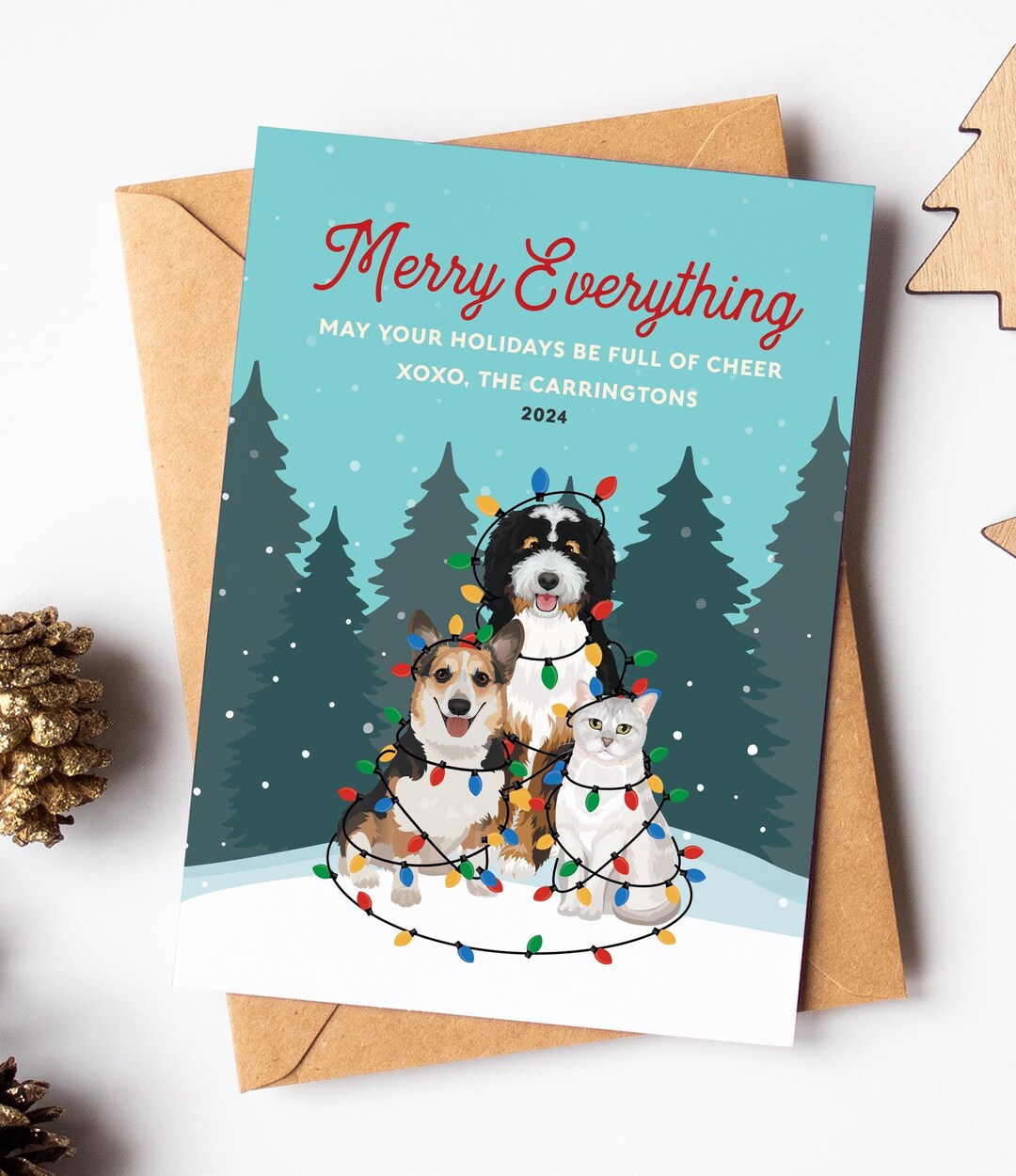 Family Dog Christmas Card: Custom Pet Portrait With Holiday Lights - Etsy