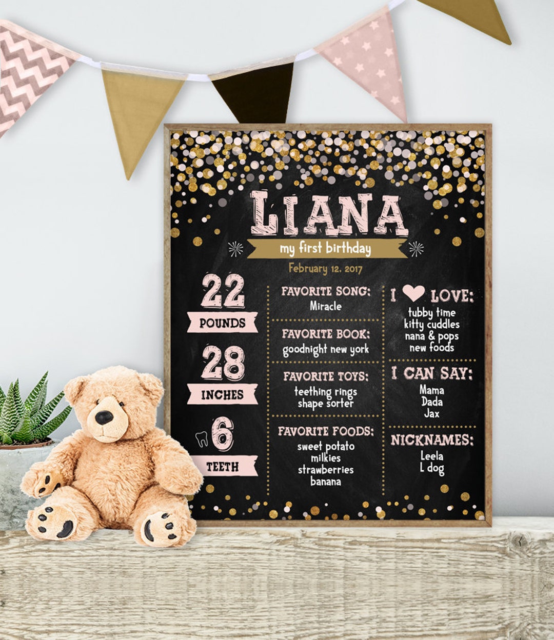 Blush and Gold First Birthday Chalkboard / Baby Facts, Chalk Baby Stats ...