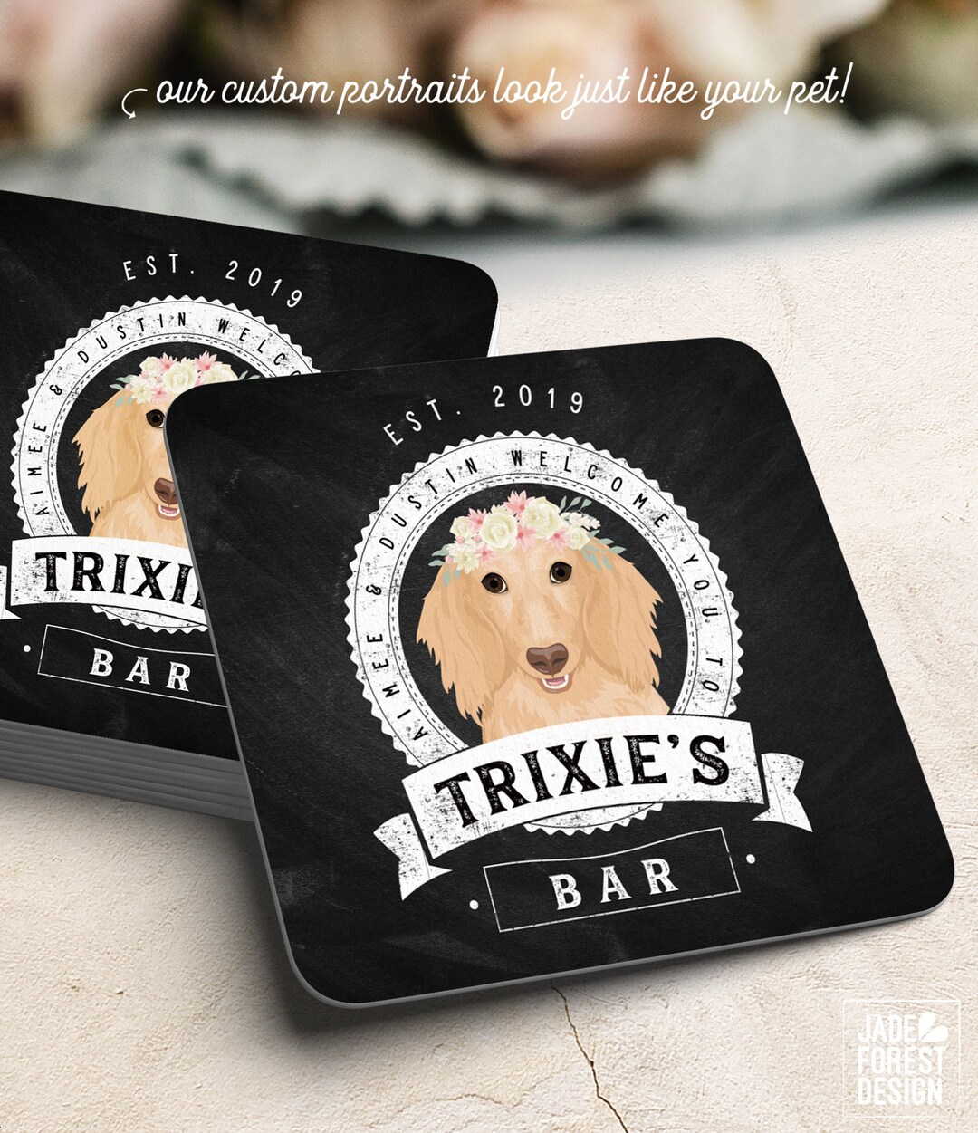 Dog Portrait Drink Coaster Custom Dachshund Drawing on Square or Round ...