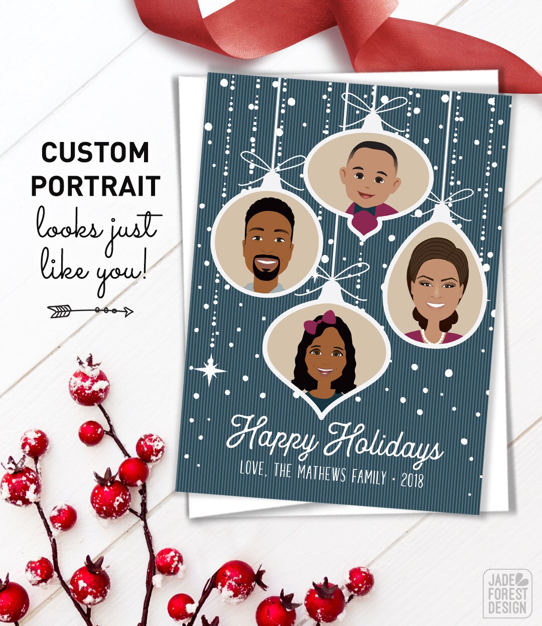 Family Portrait Christmas Card, Custom Family Portrait From Photo ...
