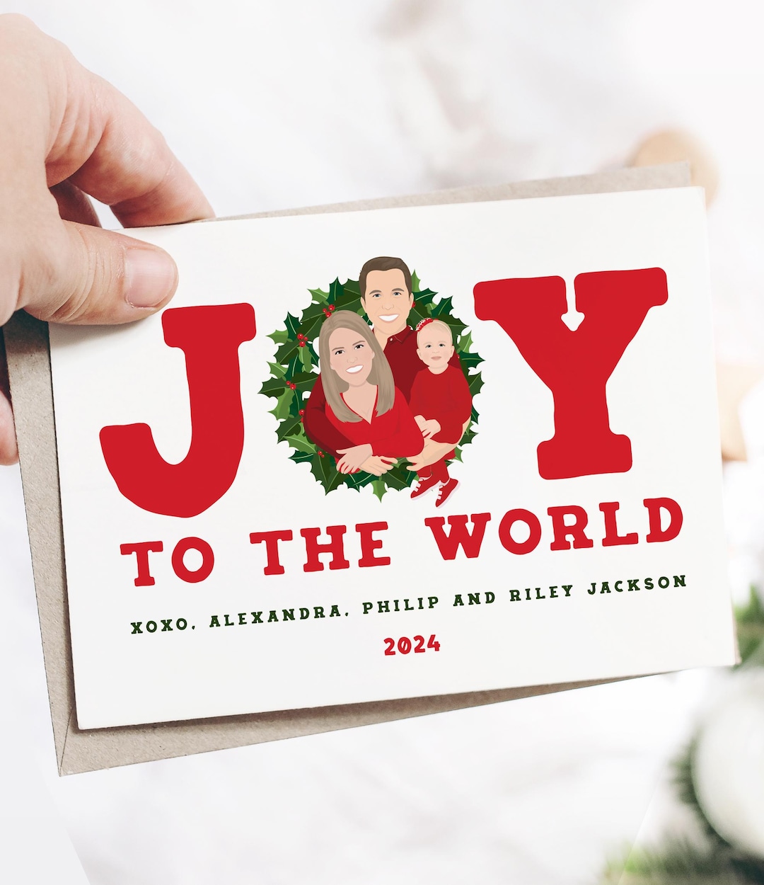 Custom Family Portrait Holiday Card, Joy to the World Greeting Card ...