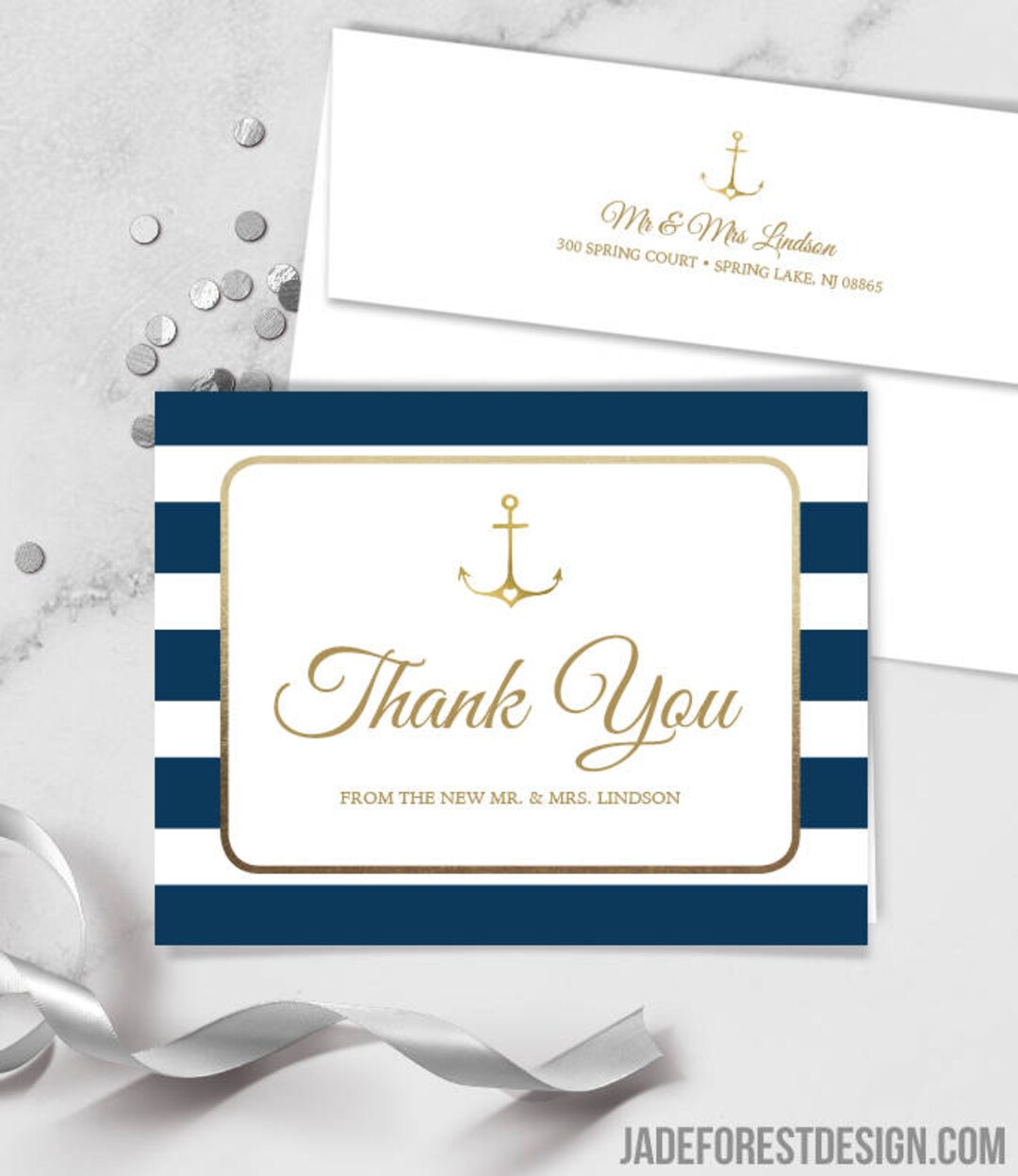 Nautical Thank You Card / Nautical Stripes / Navy Stripes, Gold Anchor ...