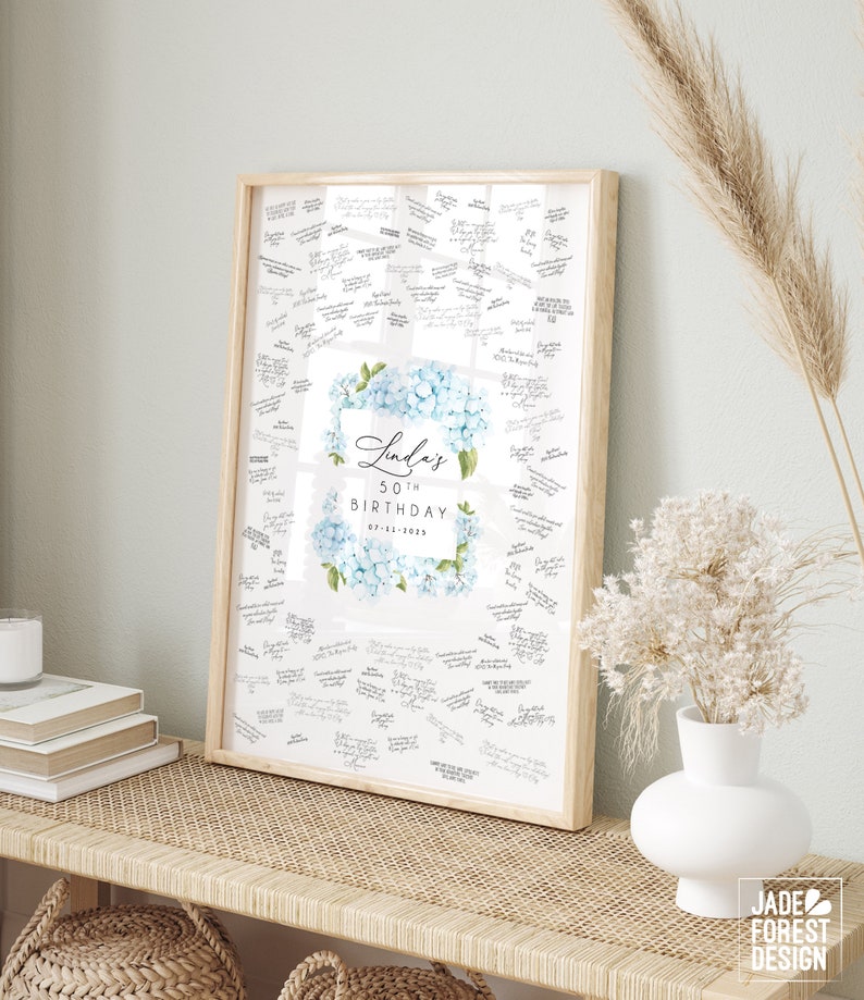 Birthday Guestbook: Blue Hydrangea Design - Custom Maple Frame - Etsy UK
