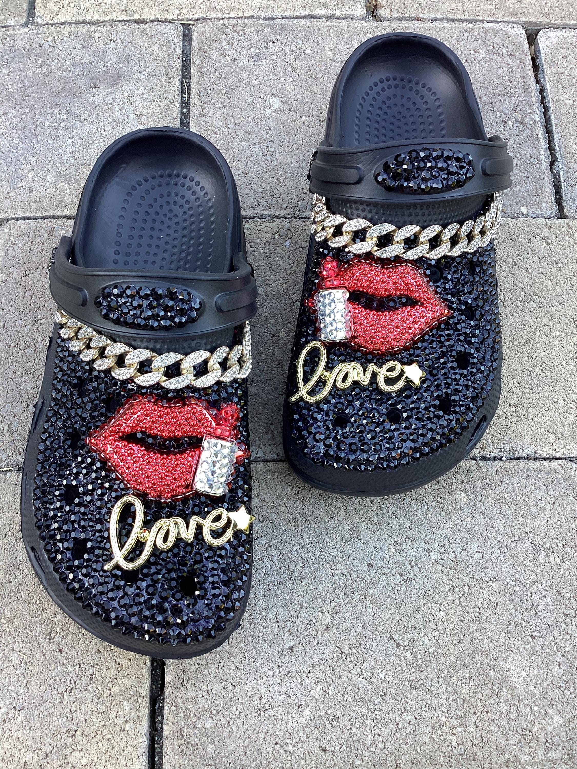 Croc Inspired Clogs, Blinged-out, Black Crocs, Gold, Size 7, Size 8 ...