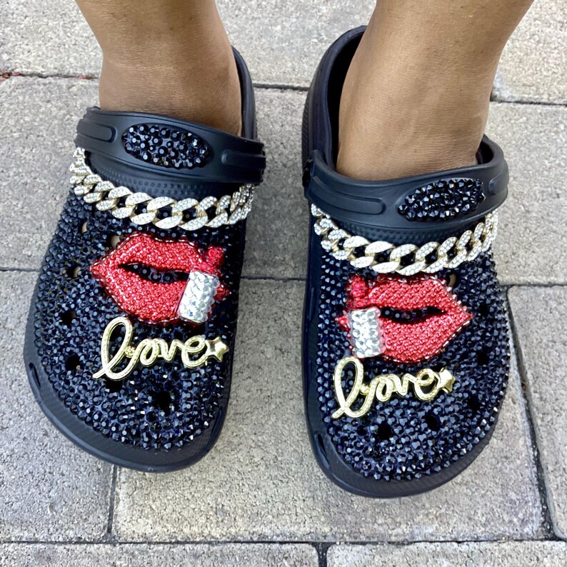 Croc Inspired Clogs, Blinged-out, Black Crocs, Gold, Size 7, Size 8 ...