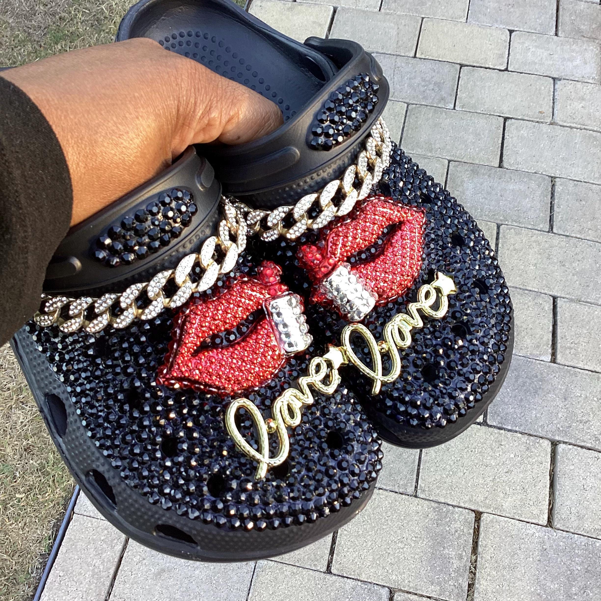 Croc Inspired Clogs, Blinged-out, Black Crocs, Gold, Size 7, Size 8 ...