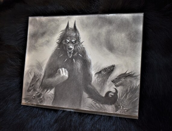 Art & Collectibles Charcoal Original Art Werewolves in Charcoal Drawing ...