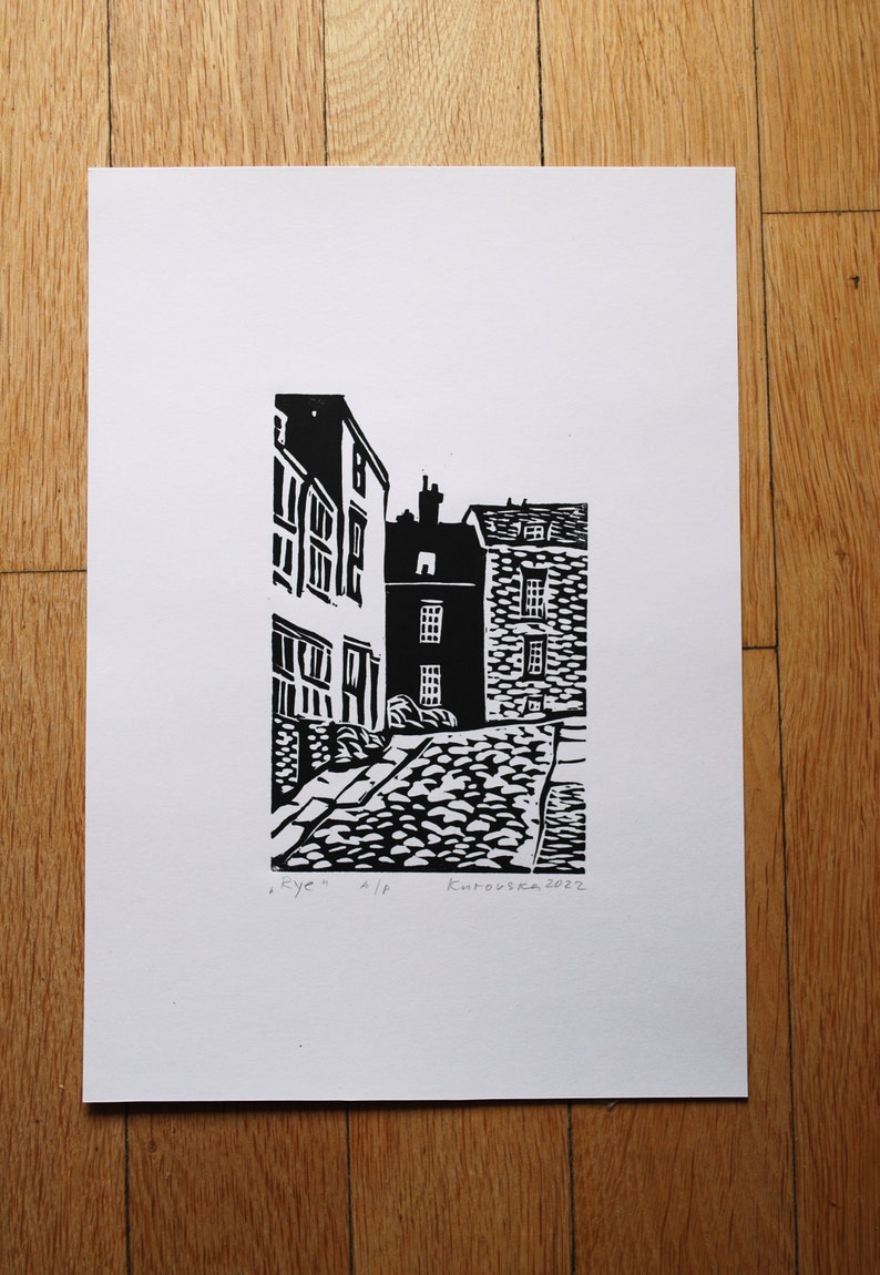 Heritage Haven: A Handprinted Linocut Print of Rye's Enchanting Street ...