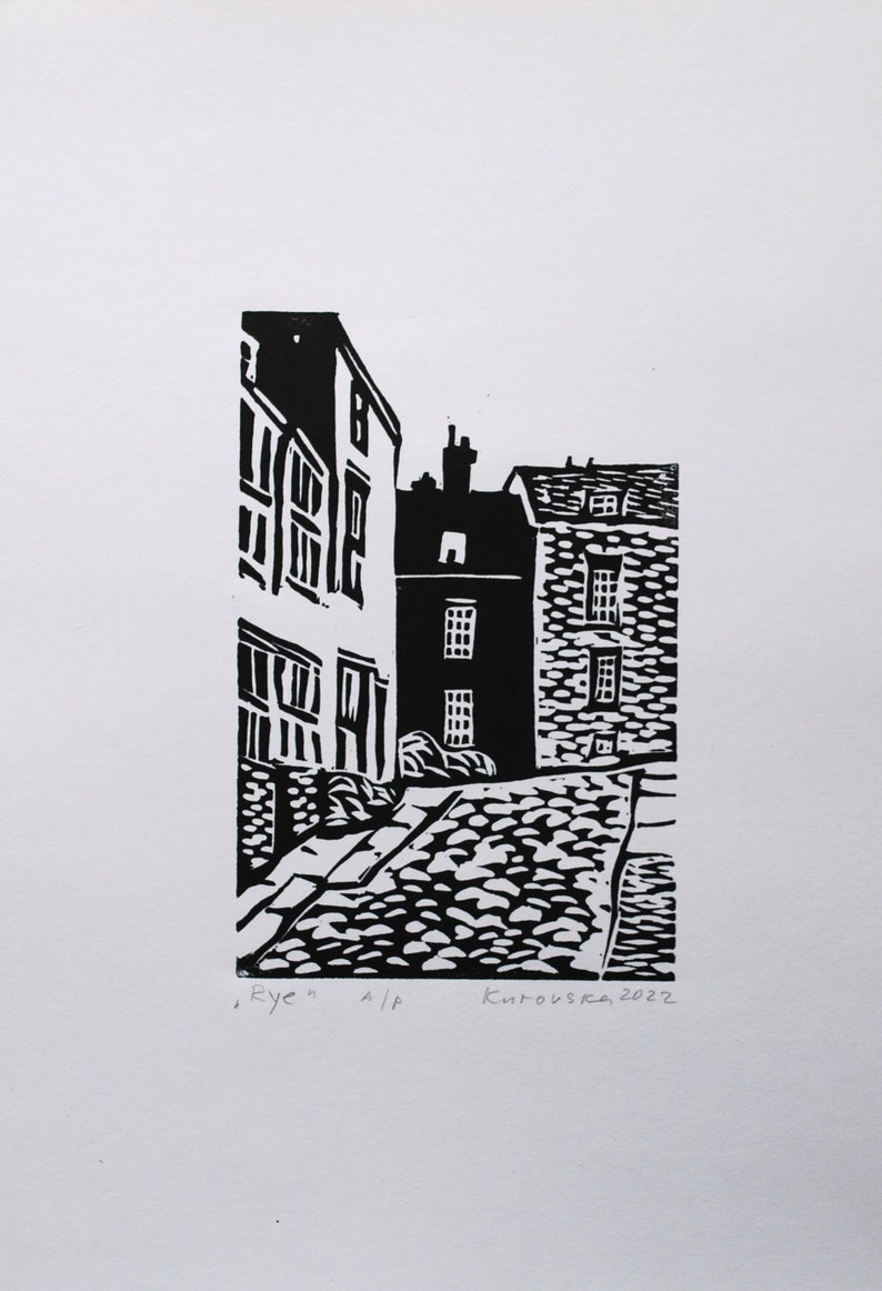 Heritage Haven: A Handprinted Linocut Print of Rye's Enchanting Street ...