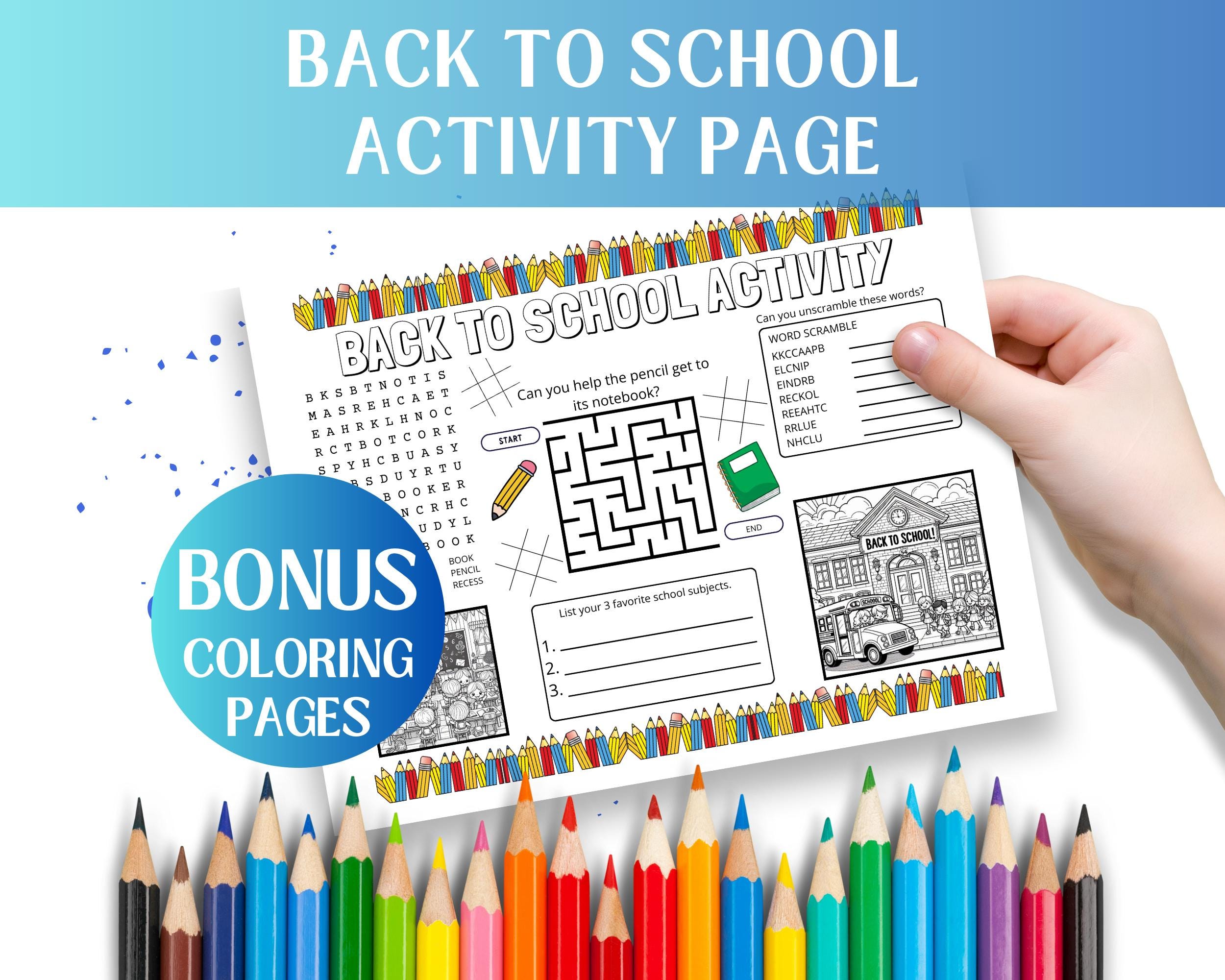 Back to School Coloring Page and Activity, Word Search and Word ...