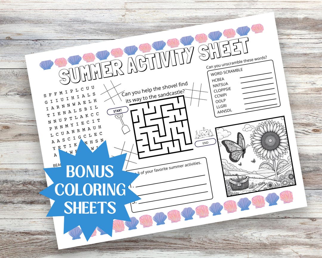 Coloring Activity for Summer, Summer Placemat for Children, BONUS ...