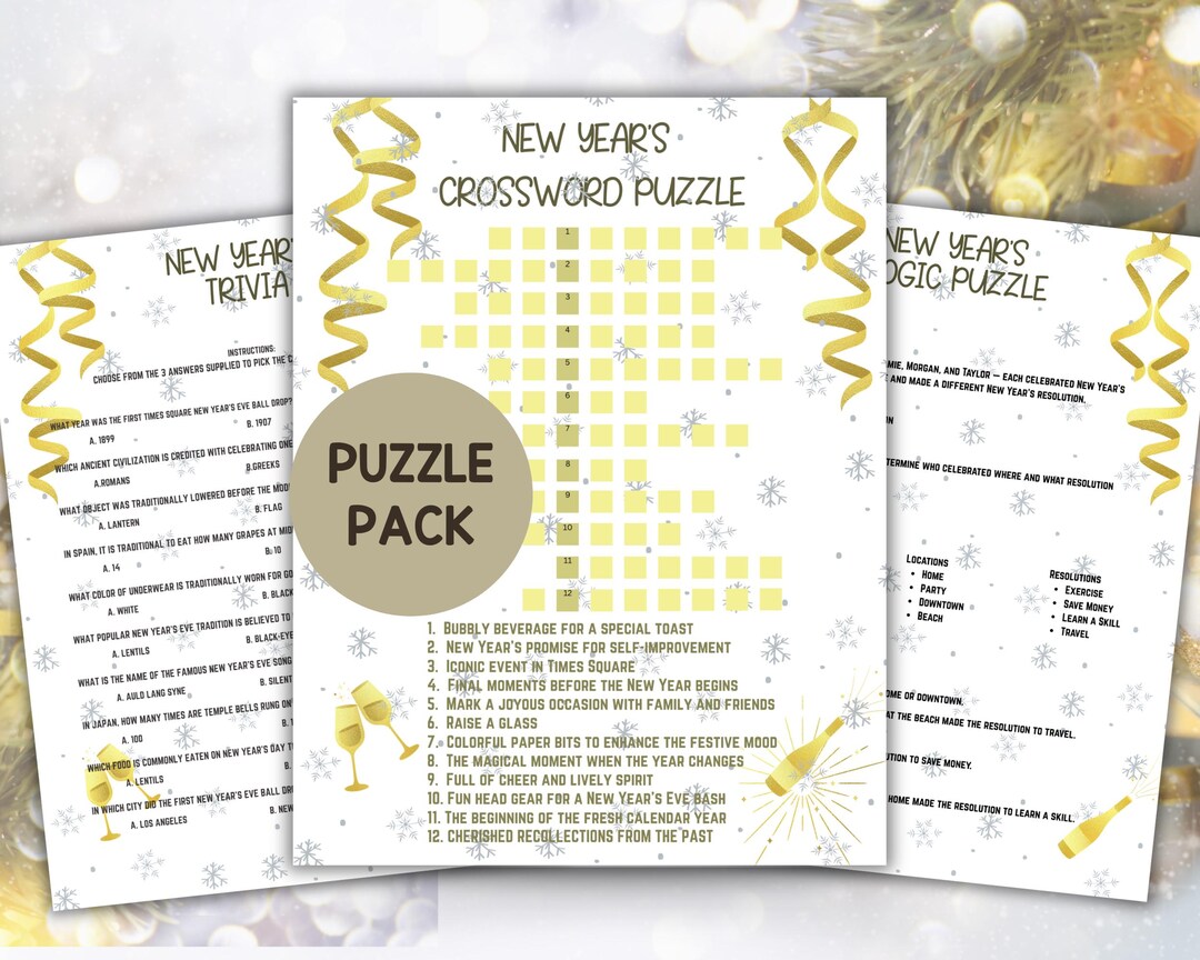 New Year's Crossword Puzzle Pack, Logic Puzzle and Trivia Game - Etsy