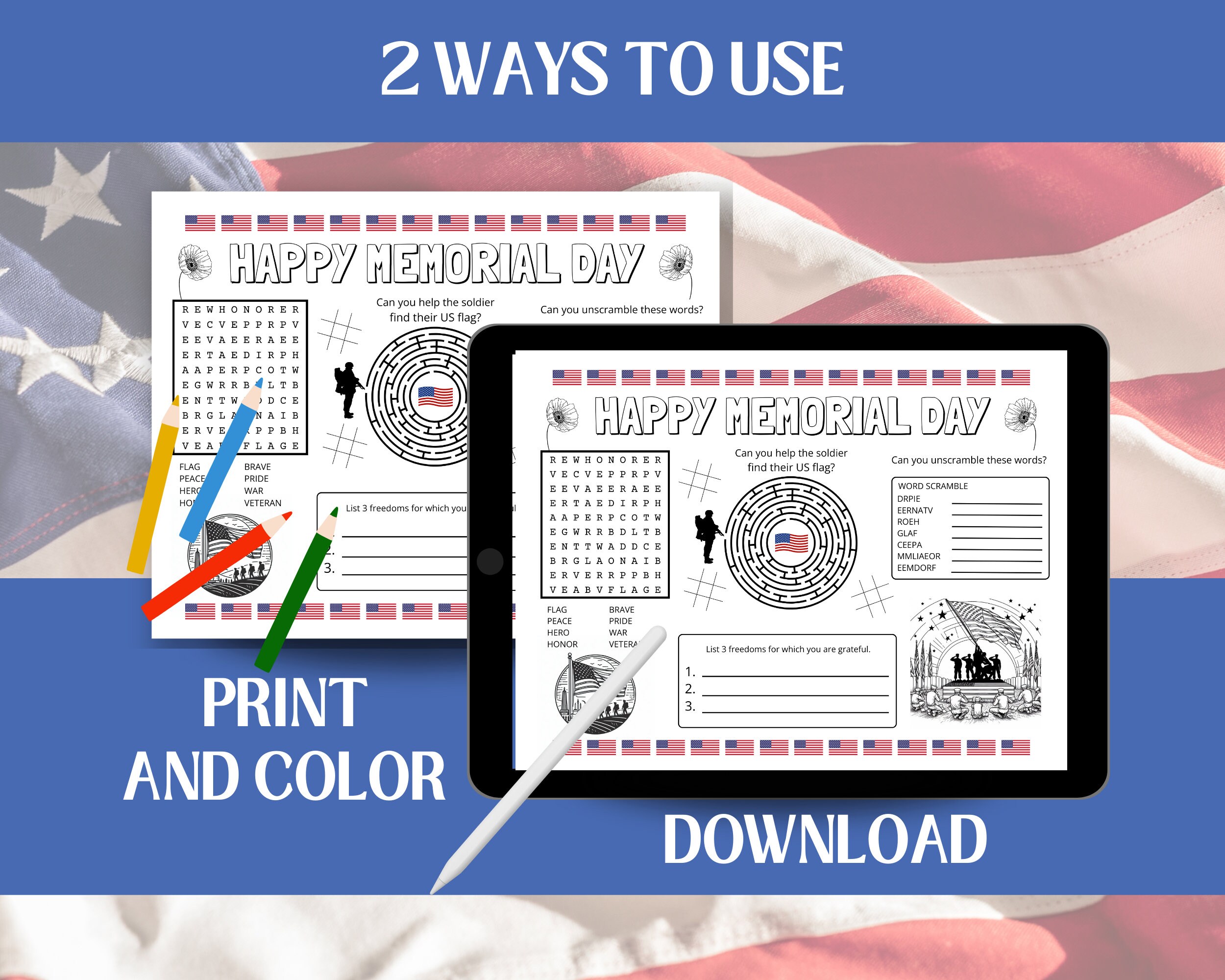 Coloring Activity for Memorial Day, Memorial Day Placemat for Children ...