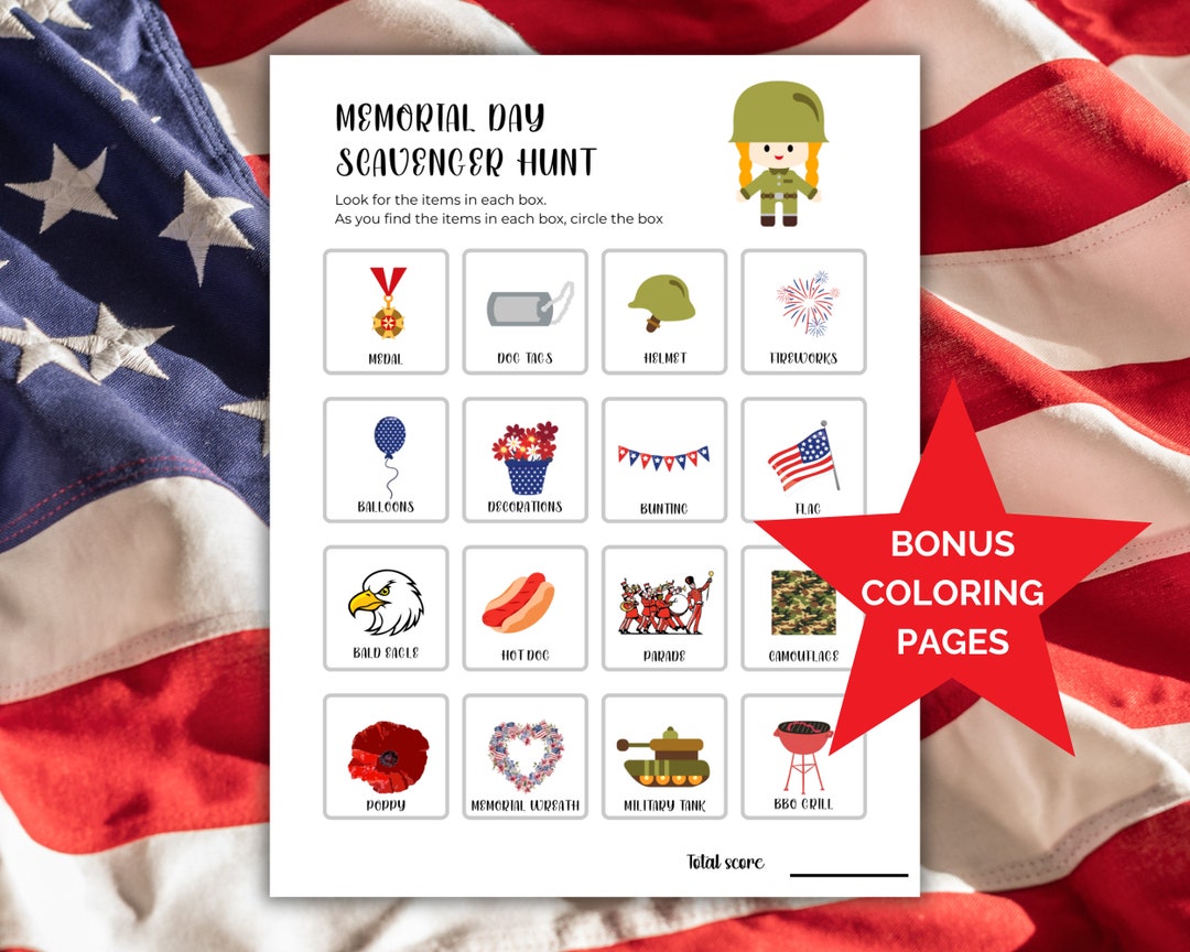 Scavenger Hunt for Memorial Day, Kids Memorial Day Activity, Bonus ...