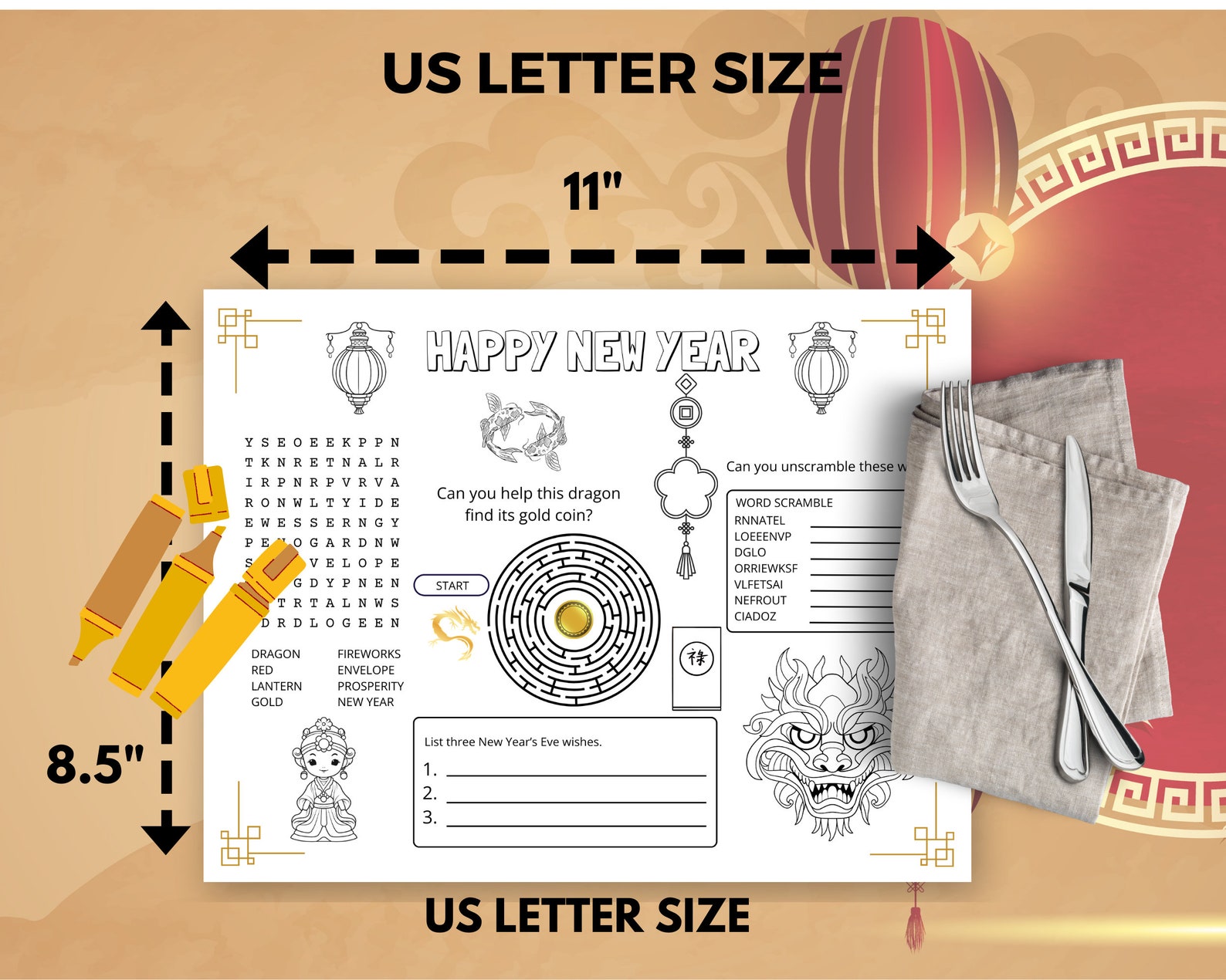 Chinese New Year Coloring Page, Lunar New Year Placemat, Activity Sheet ...