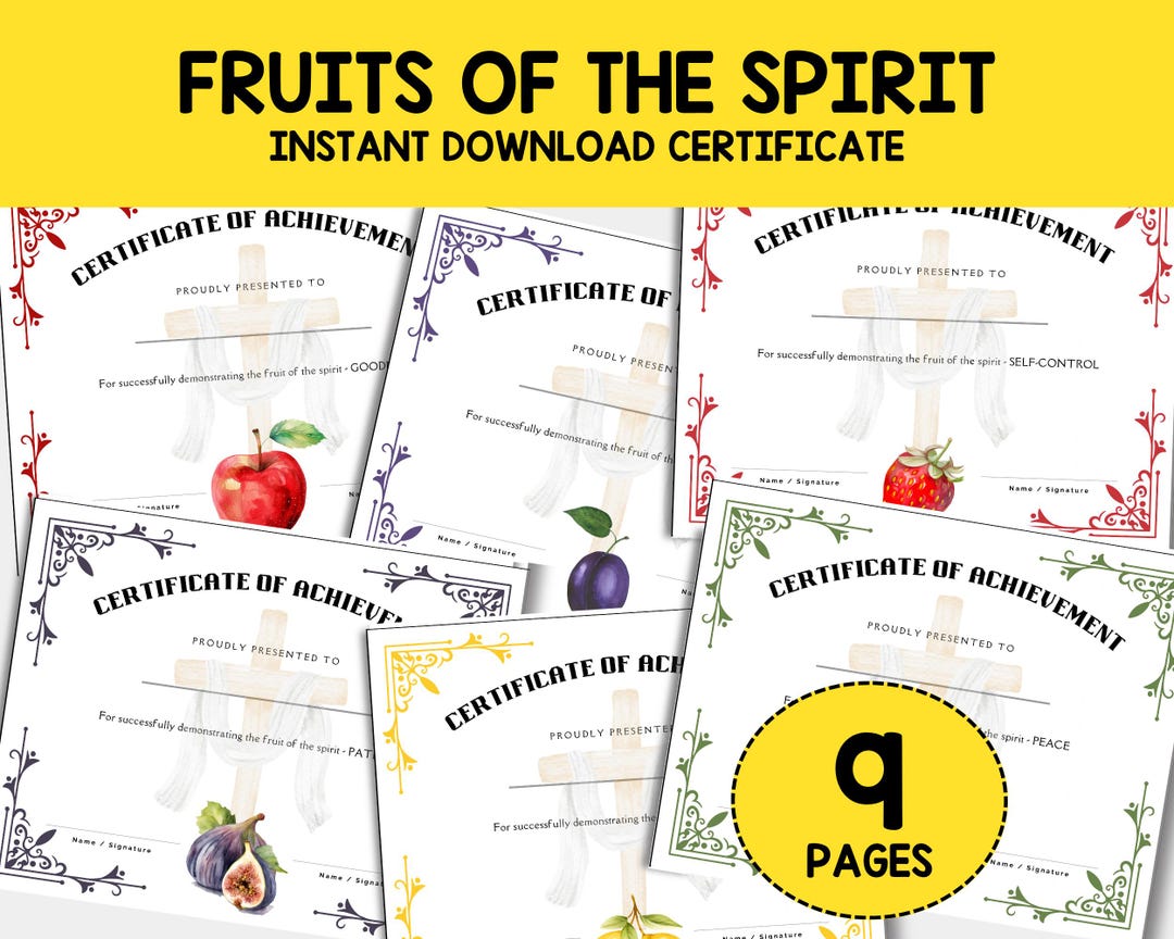 Fruits of the Spirit Certificates, Bible Study Package, Church and ...