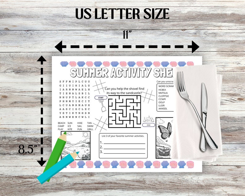 Coloring Activity for Summer, Summer Placemat for Children, BONUS ...