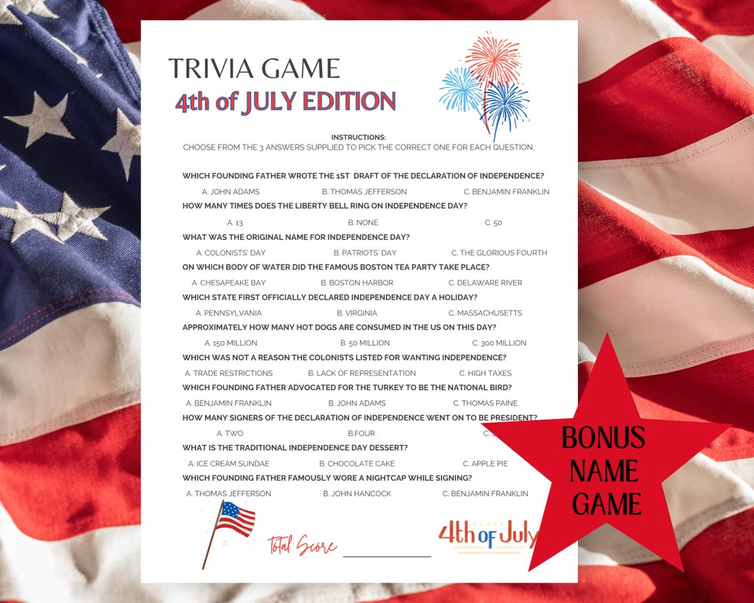 Fourth of July Trivia Game - Summer Activity - BONUS: Hotdog Name Game ...