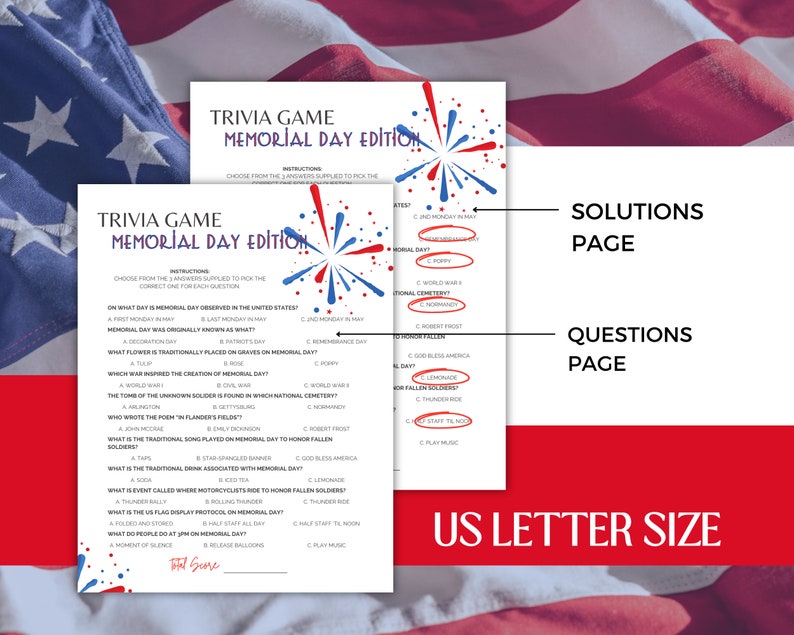 Memorial Day Trivia Game Memorial Day Activity Memorial Day Trivia - Etsy