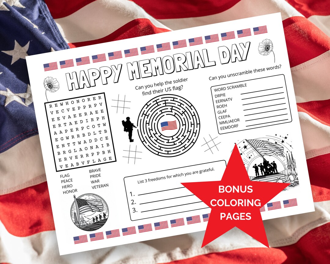Coloring Activity for Memorial Day, Memorial Day Placemat for Children ...