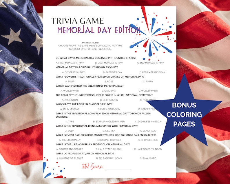 Memorial Day Trivia Game - Printable Patriotic Quiz Activity ...