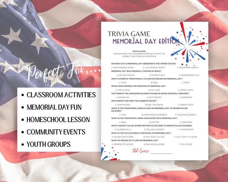 Memorial Day Trivia Game - Printable Patriotic Quiz Activity ...