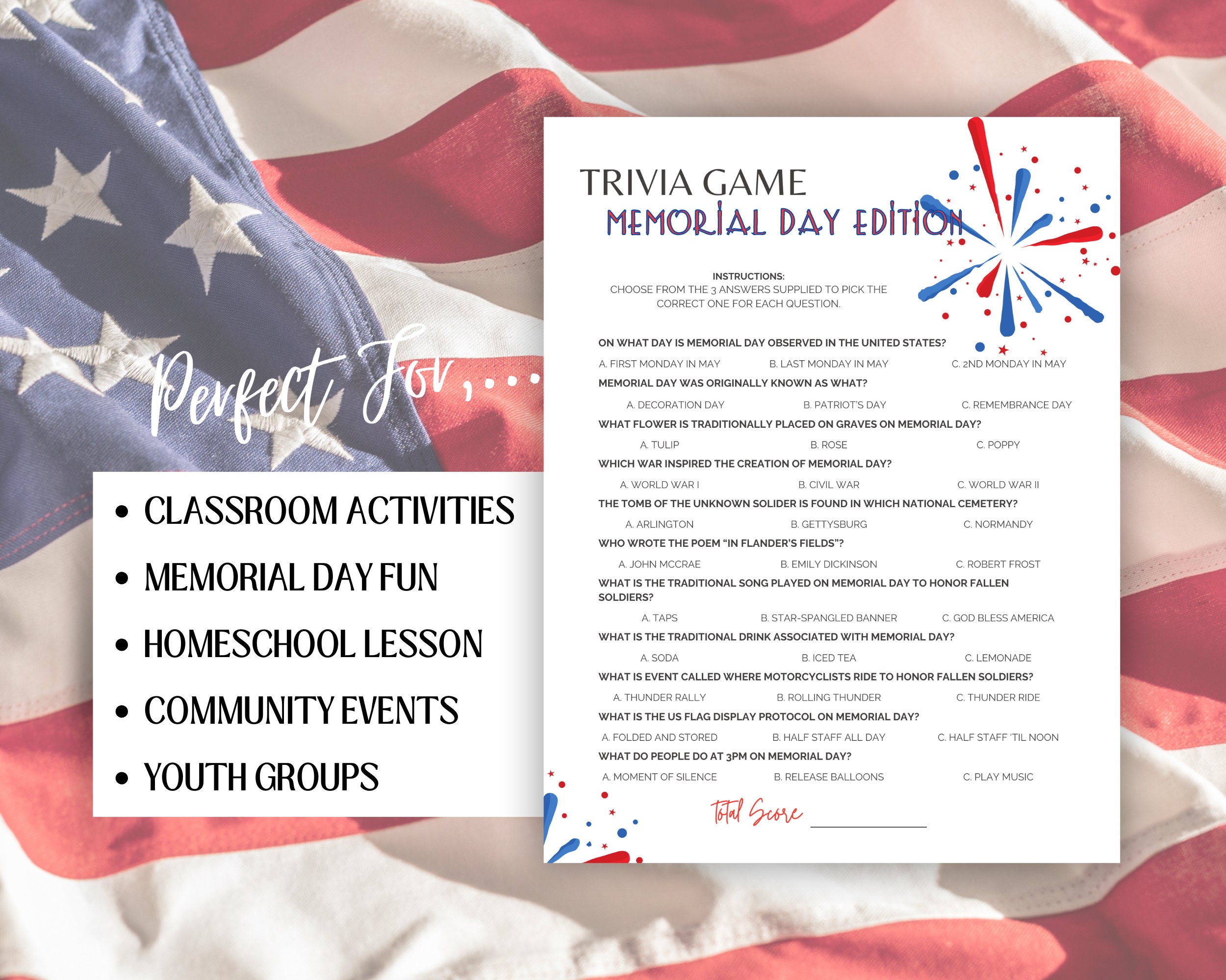 Memorial Day Trivia Game - Memorial Day Activity - Memorial Day Trivia ...