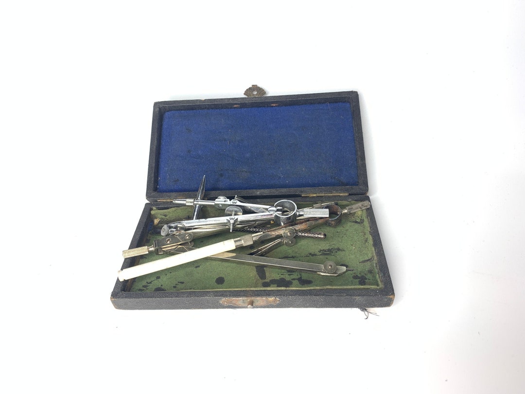 French Antique Case Lot of Metal Compass Rivet Tool School Material ...