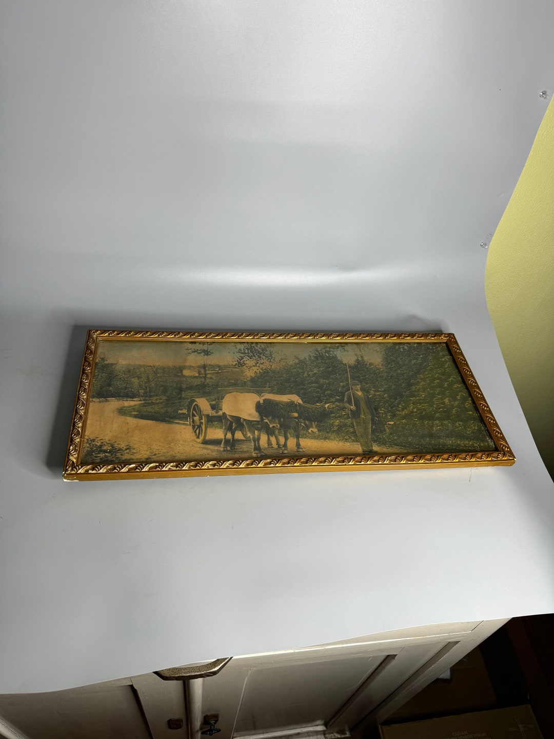 French Antique Wooden Picture Frame Farmer With Carriage and Boeuf ...