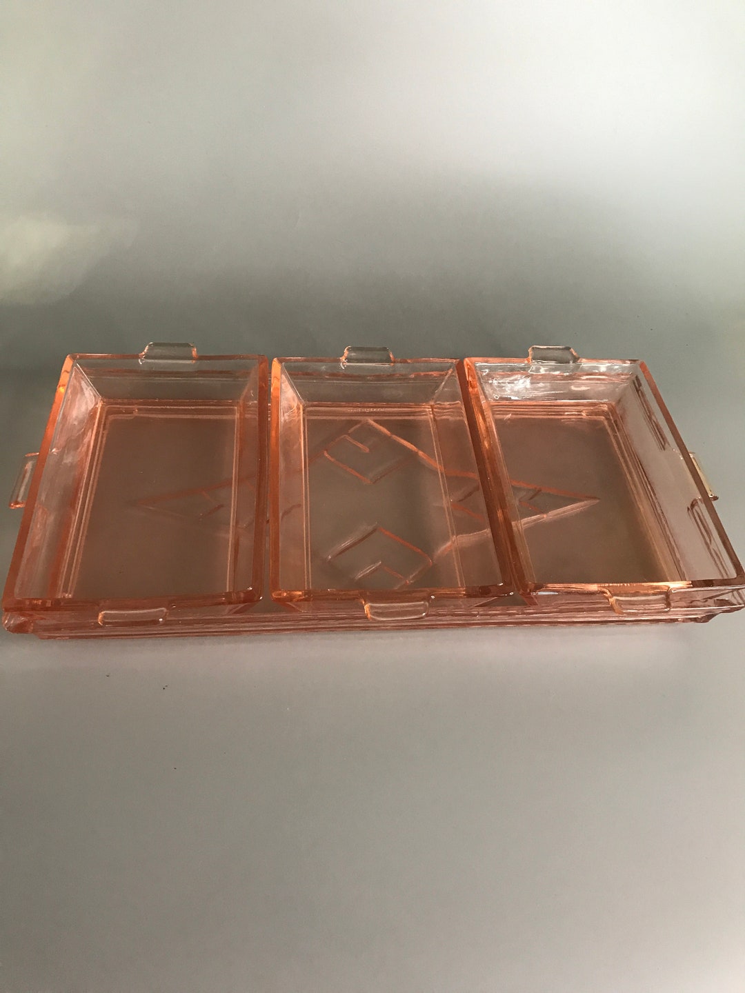 4 French Art Deco Glass Tray Set With 3 Appetizers Divided Tray Dish ...