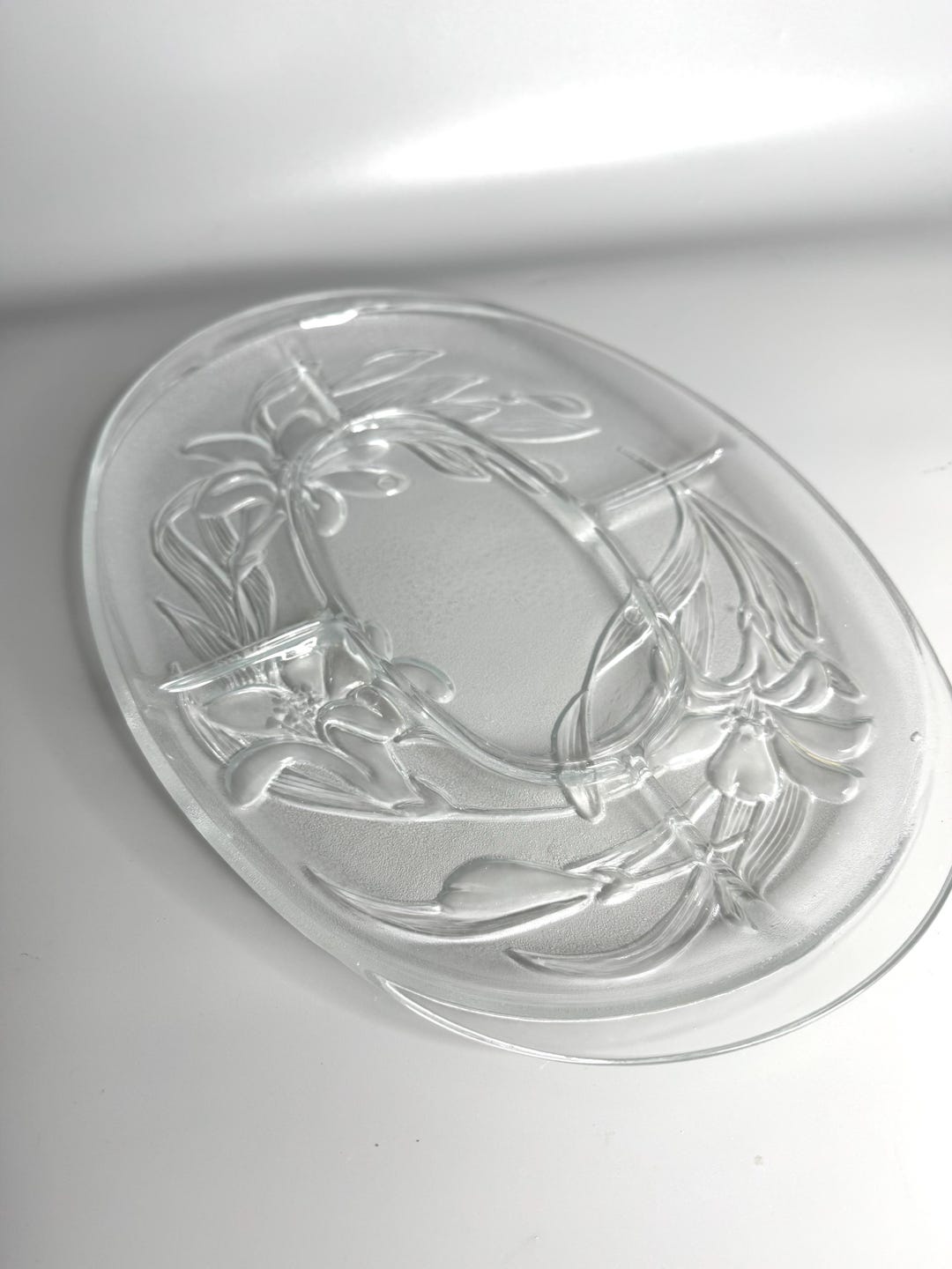 French Antique Glass Oval Plate Serving Tray Floral Design Appetizer ...
