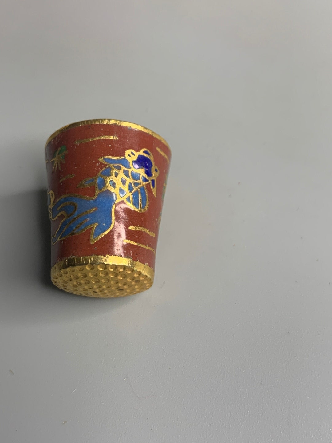French Vintage Thimble Sewing Tool Fish Design Gold Trim Enamel and ...
