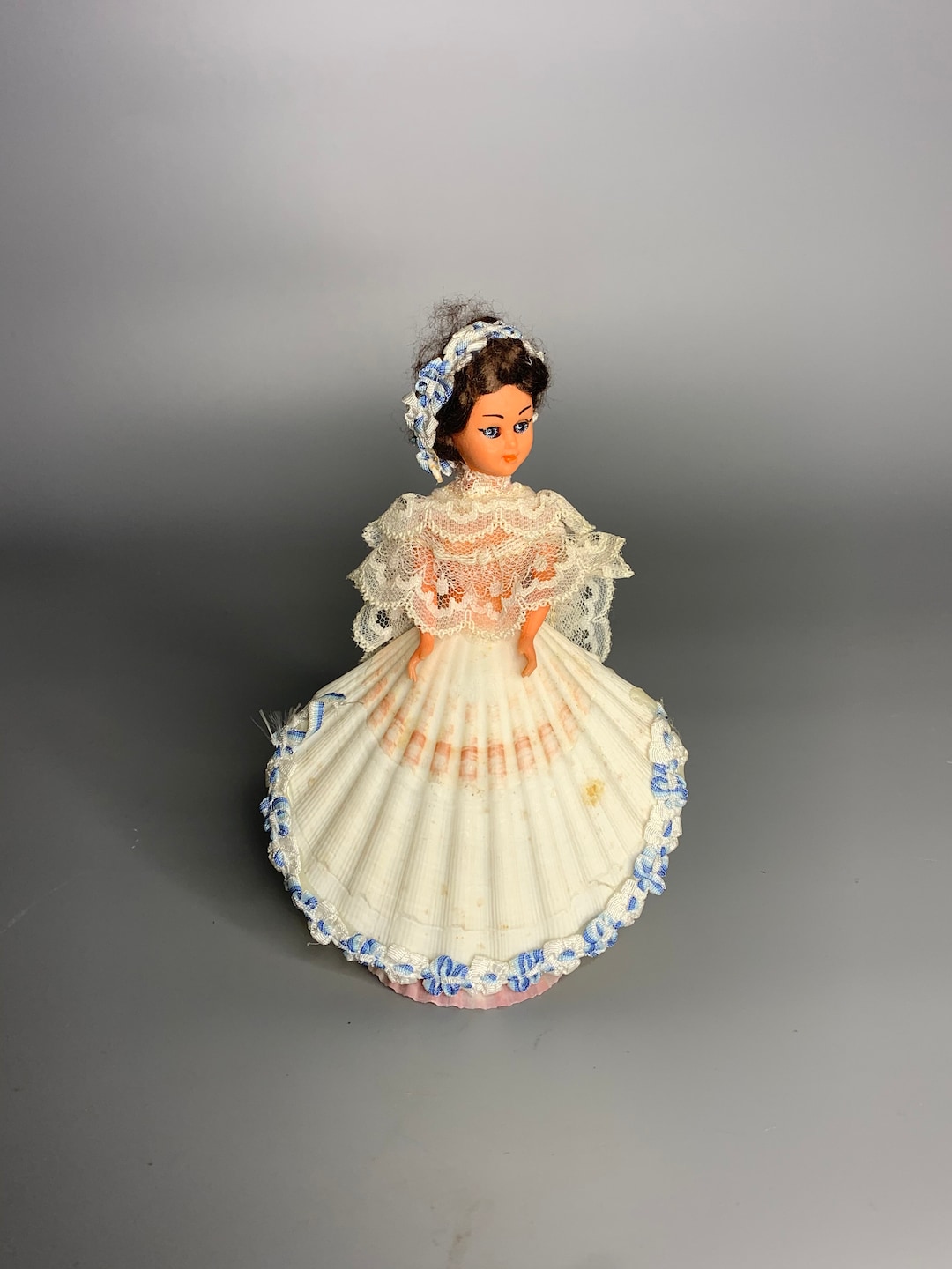 French Vintage Seashell Small Sleeping Eyes Doll on a Shell Stand ...