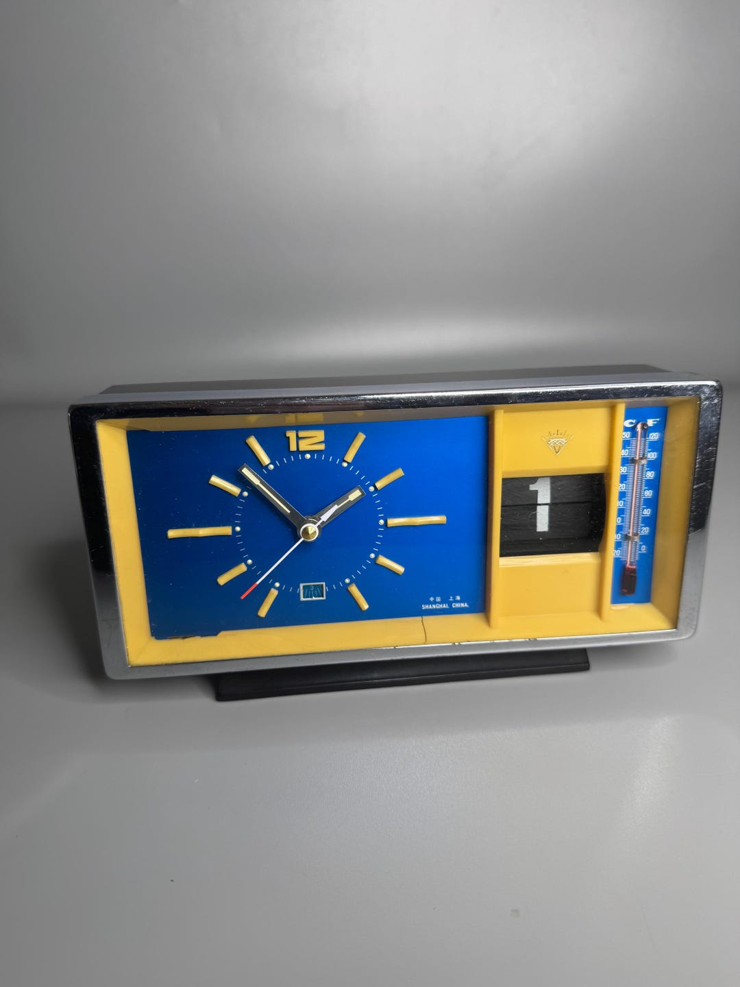 Chinese Vintage Alarm Clock Shanghai Yellow and Blue Works Chrome Frame ...