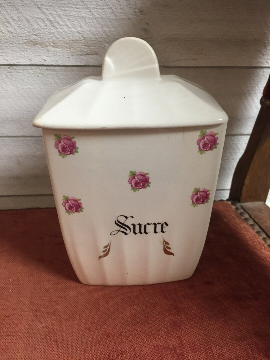 French Vintage Canister Semi-porcelain Sugar Canister Roses Gold Leave ...