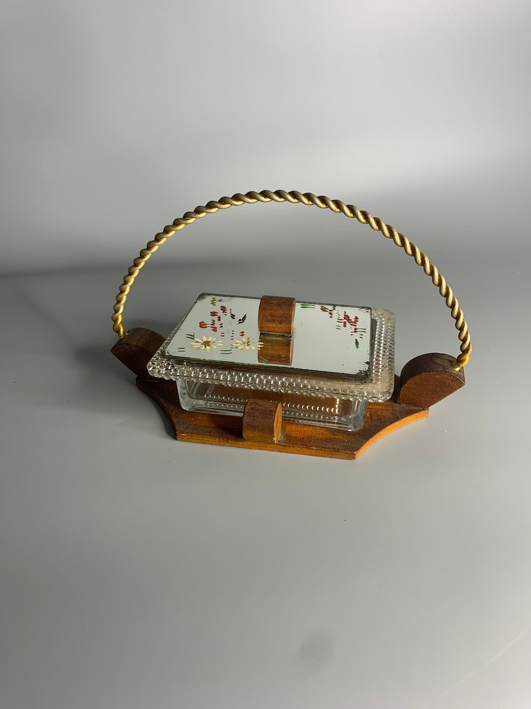 French Art Deco Mirror Knick Knack Box Flower Design in Wooden Basket ...