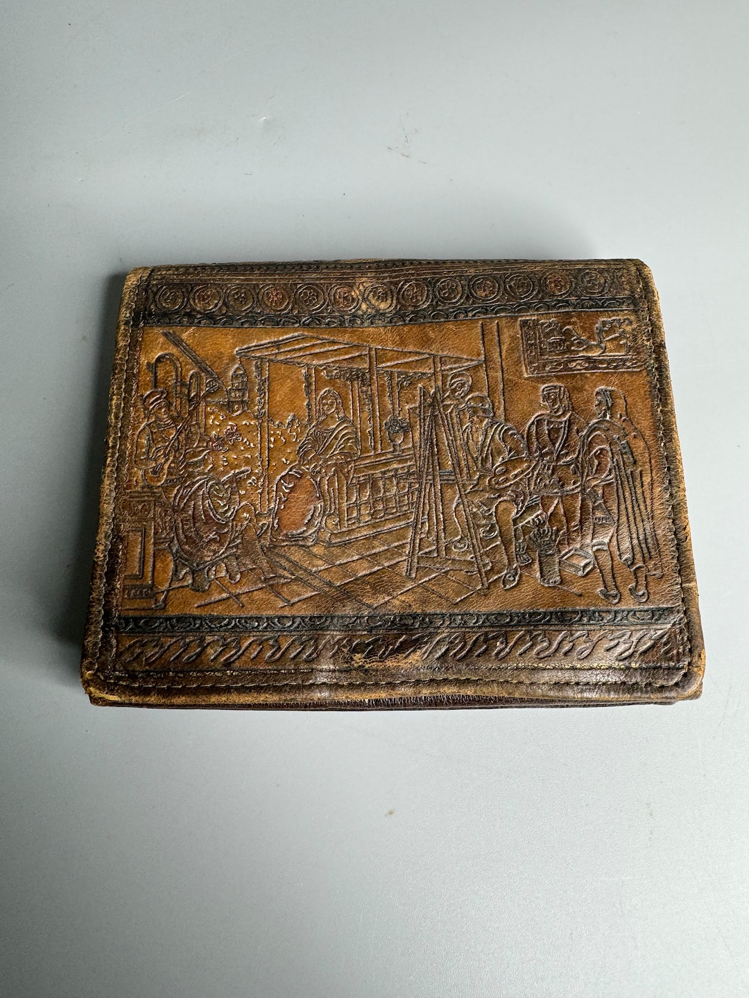 French Antique Leather Brass Wallet Artist Royal Scenery Design 5 ...