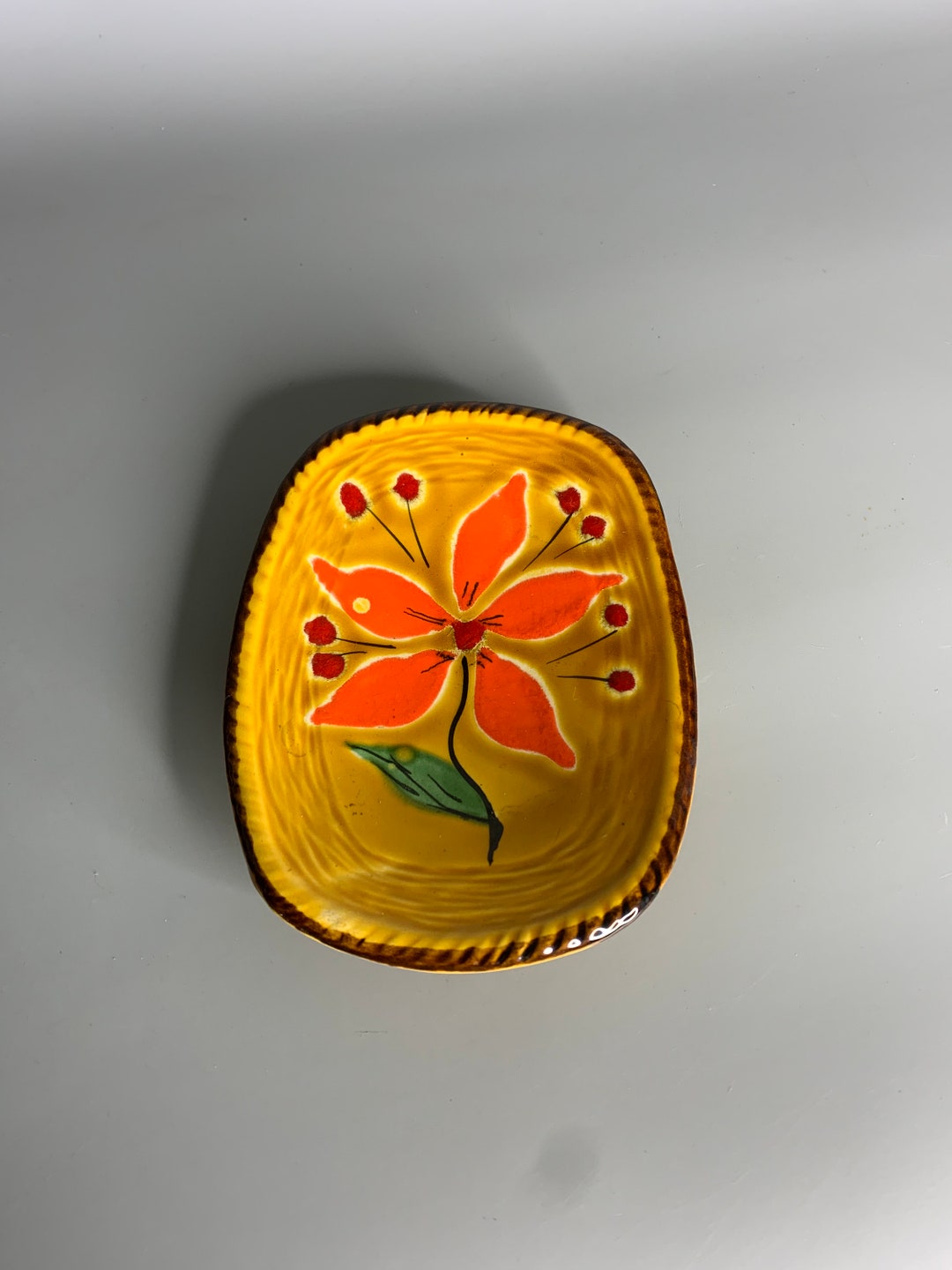 French Vintage Money Dish or Ashtray Ceramic Pottery Flower Design Poet ...