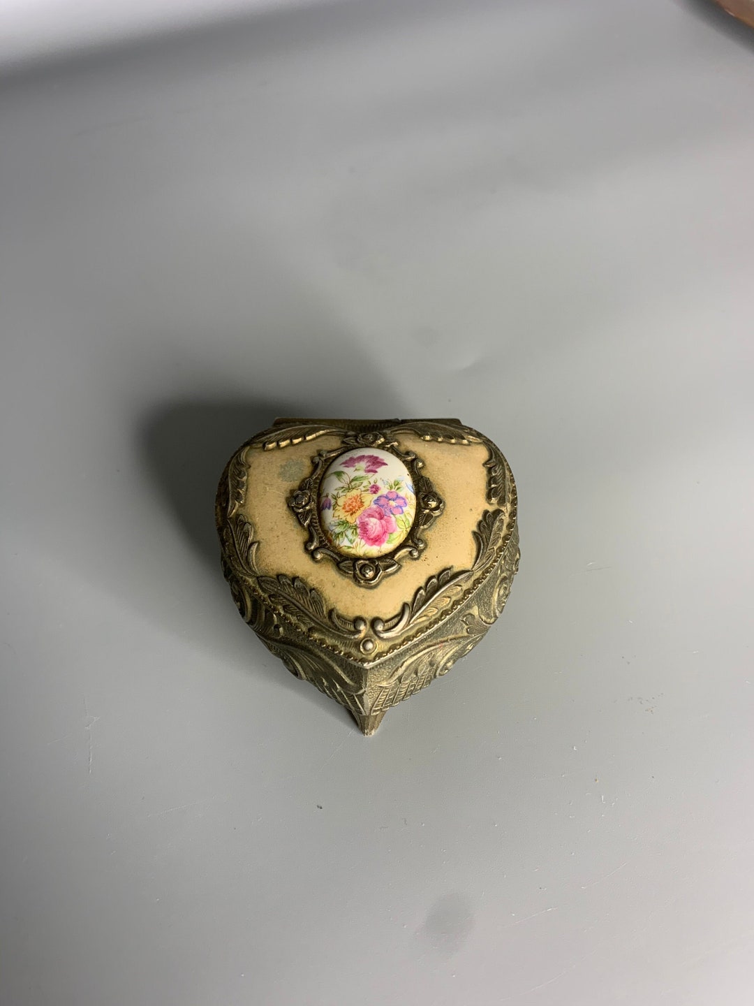Japanese Vintage Metal Heart Shaped Knick Knack Jewelry Box Porcelain ...