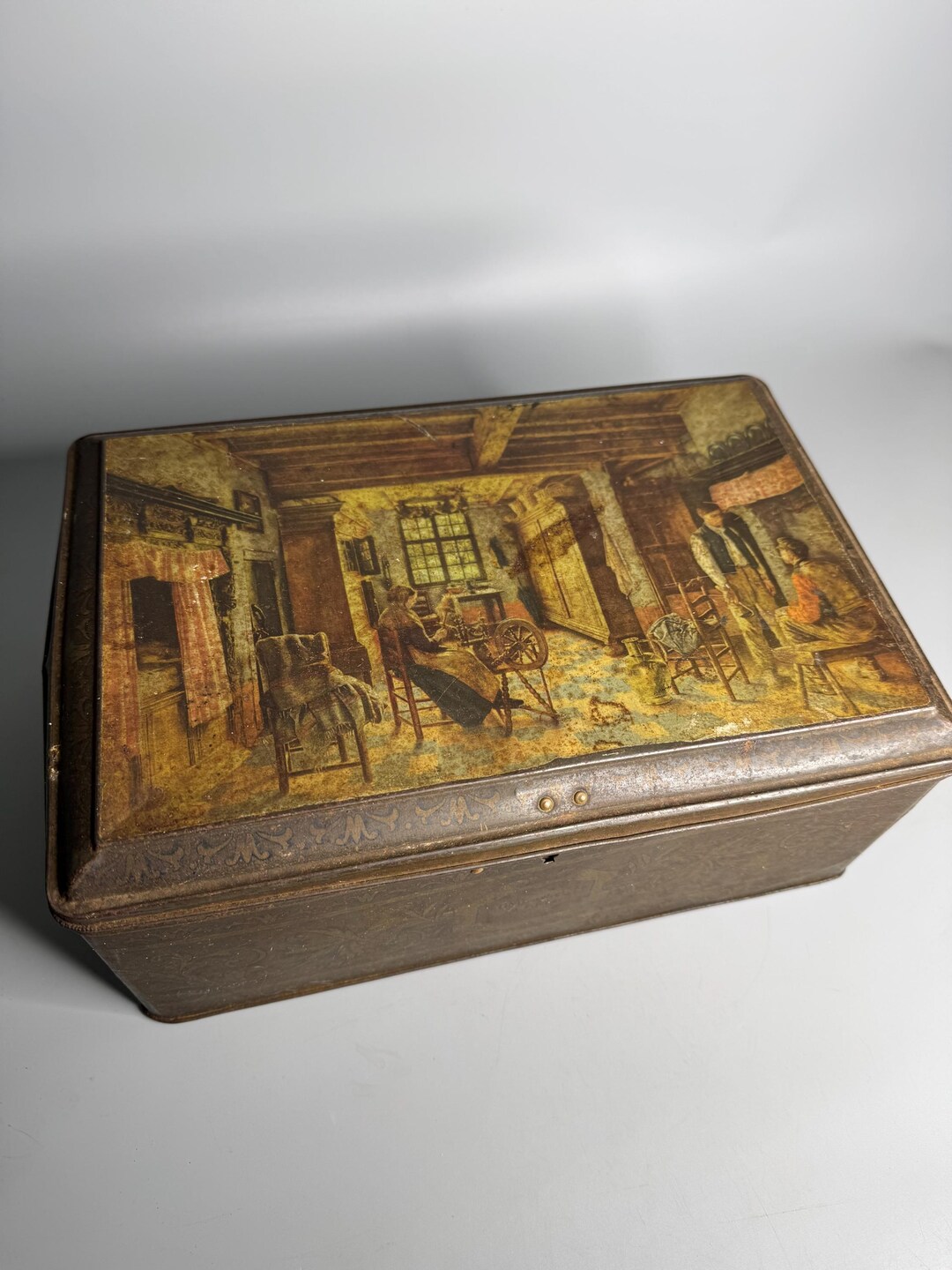 Antique French Rusty Large Tin Can Box Collectible La Fileuse With Key ...